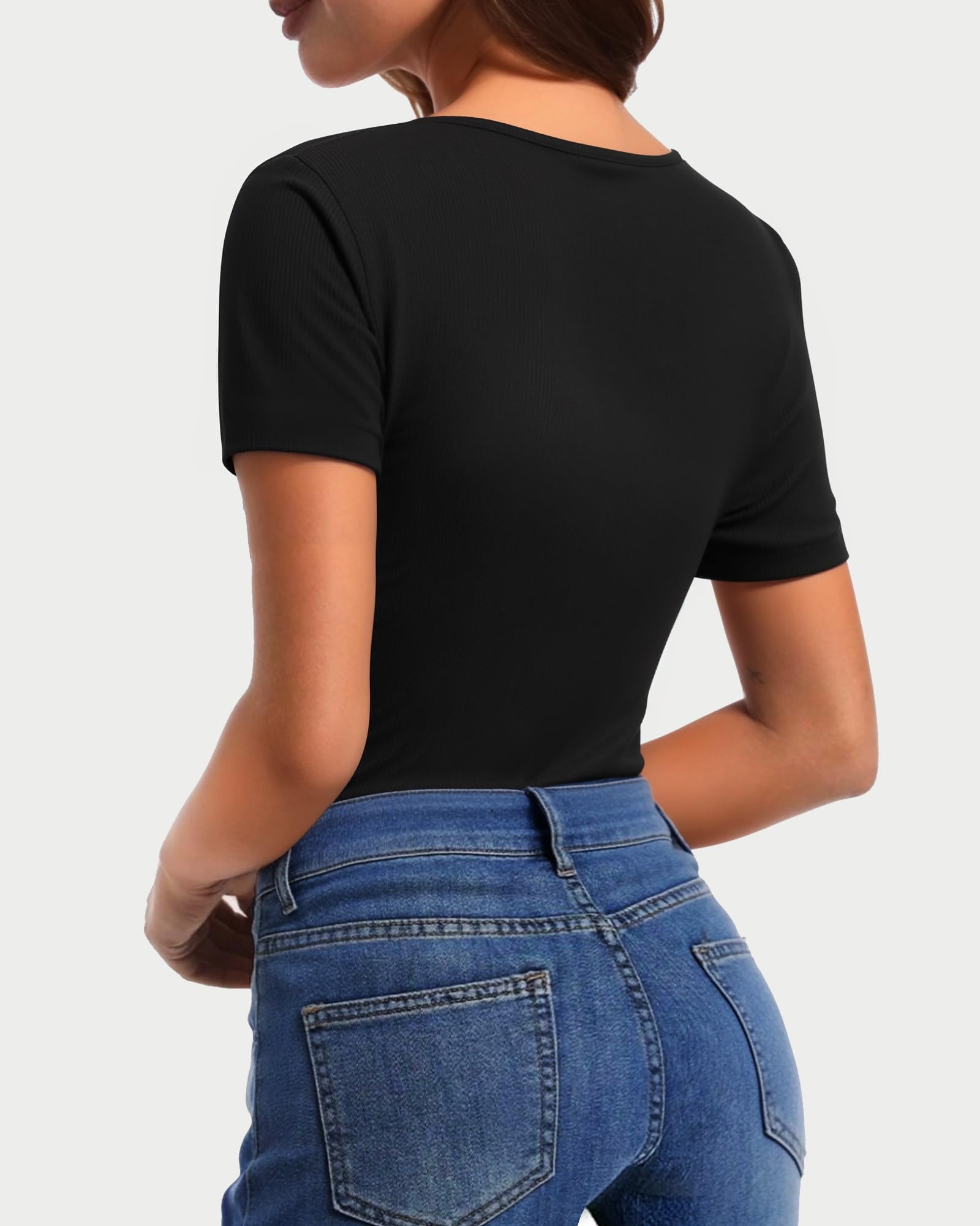 CLOZOZ Womens V Neck Short Sleeve Long Sleeve Shirt Fitted T Shirts Basic Tee Tops for Women Sexy Casual (2-shortseeve-Black, Medium)