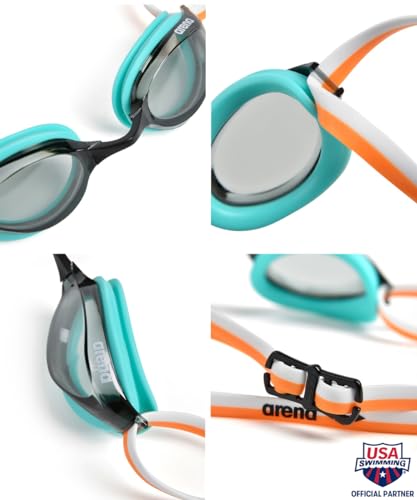 ARENA Unisex Python Racing Swim Goggles for Men and Women Anti-Fog Non-Mirror Lens Max Comfort Dual Strap, Smoke/Water/Mango