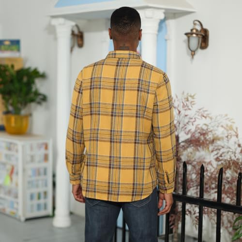 Mens Plaid Flannel Shirts Casual Long Sleeve Button Down Shirts Vintage Tops with Pocket Yellow M