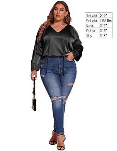 Chigant Women's Sexy Satin Shirts Silk V Neck Long Sleeve Casual Blouses Business Casual Tops Plus Size Black X-Large