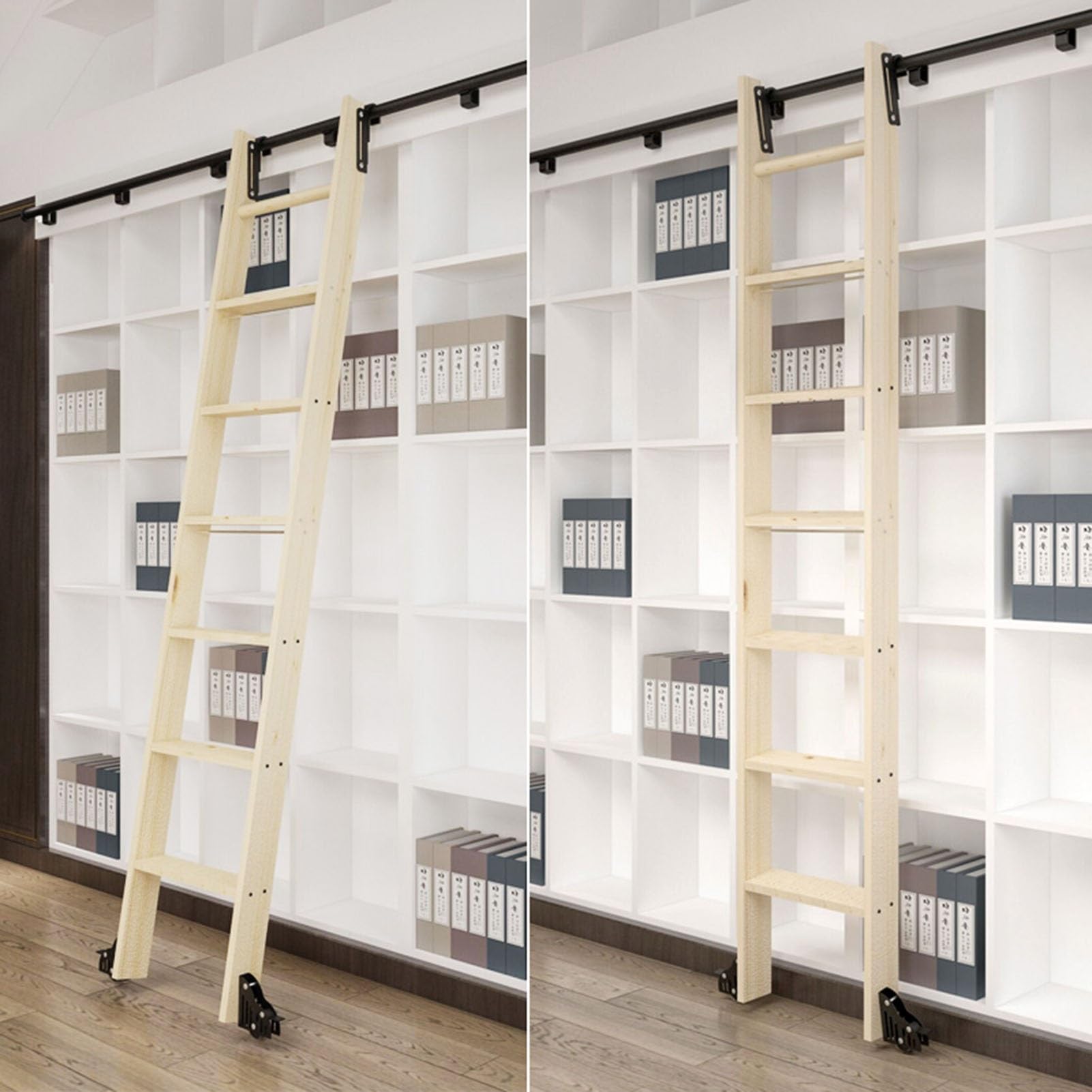 Hook On Rolling Library Ladder Track Kit, Satin Black Finish Rolling Ladder Hardware Kit(No Ladder) W/Caster, Metal Step Rods W, Sliding Hook Assemblies(Limited to Ladder Thickness 2.5cm) (Size : 9.