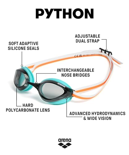 ARENA Unisex Python Racing Swim Goggles for Men and Women Anti-Fog Non-Mirror Lens Max Comfort Dual Strap, Smoke/Water/Mango