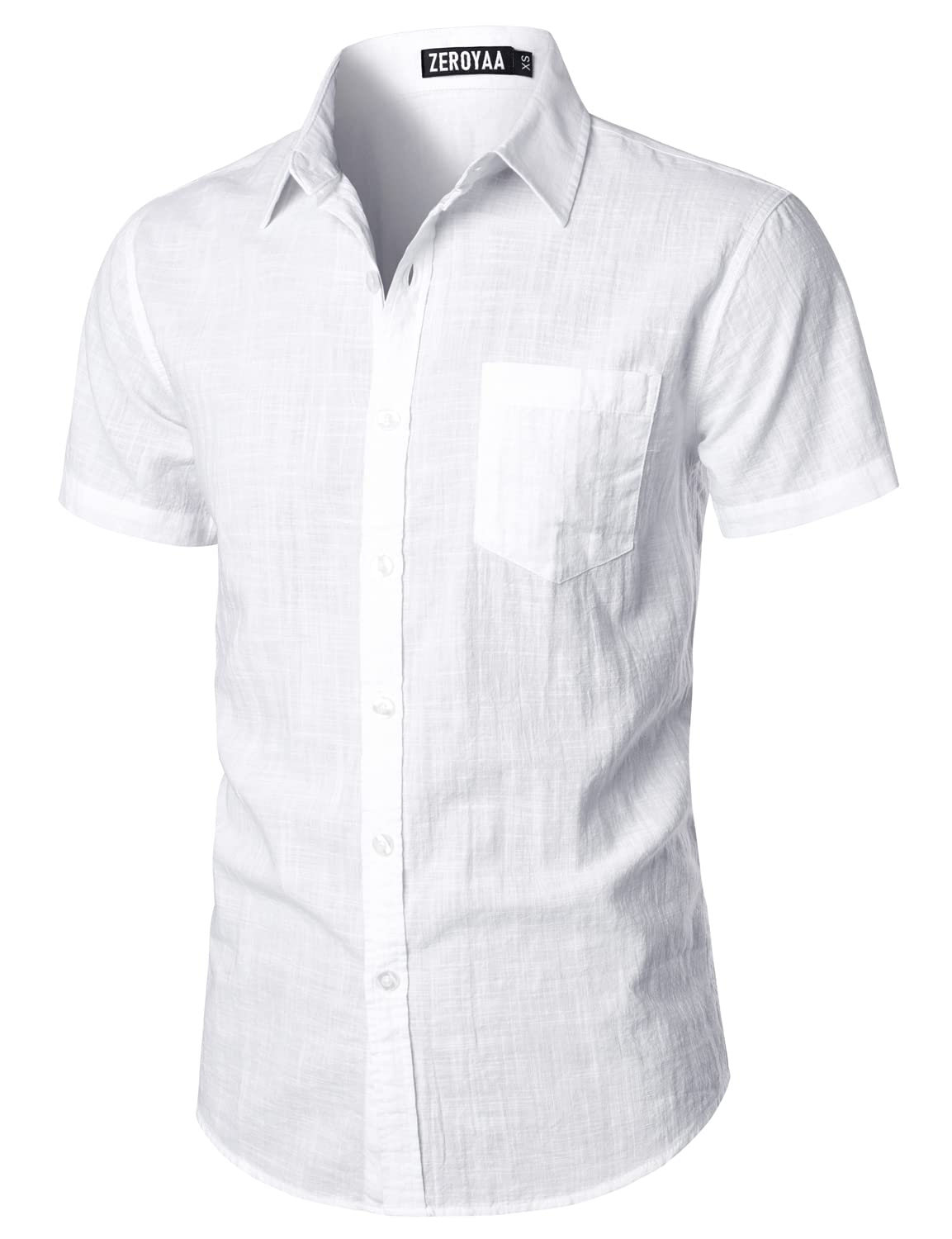 ZEROYAA Men's Fitted Cotton Linen Casual Short Sleeve Button Up Shirts Lightweight Beach Tops with Pocket ZLSC34-White Medium