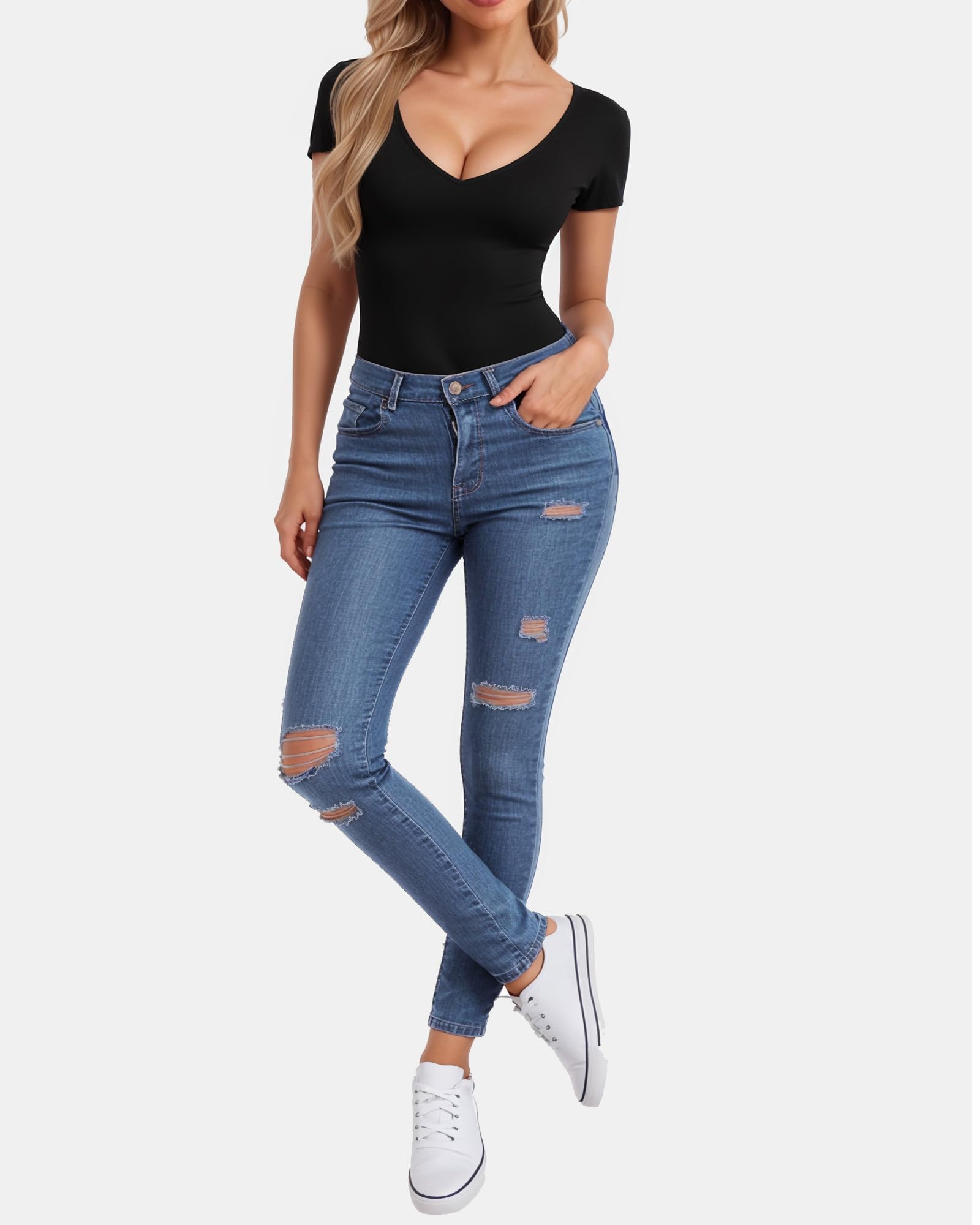 CLOZOZ Womens V Neck Short Sleeve Long Sleeve Shirt Fitted T Shirts Basic Tee Tops for Women Sexy Casual (2-shortseeve-Black, Medium)