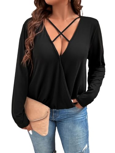 WDIRARA Women's Plus Size Criss Cross Wrap Deep V Neck Long Sleeve Tee T Shirt Black 3XL