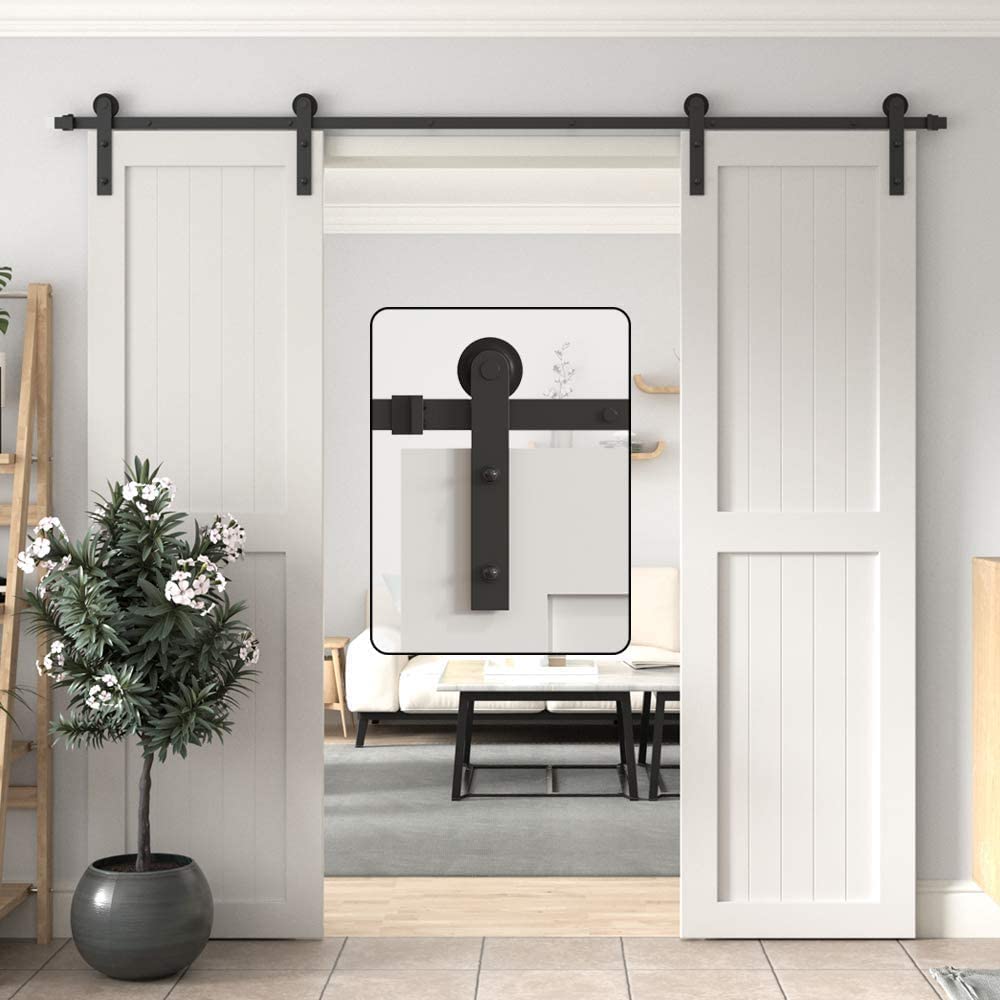 WINSOON Sliding Barn Door Hardware Double Door 8ft Track Kit with 2PCS 12 Inch Sliding Barn Door Handle Set