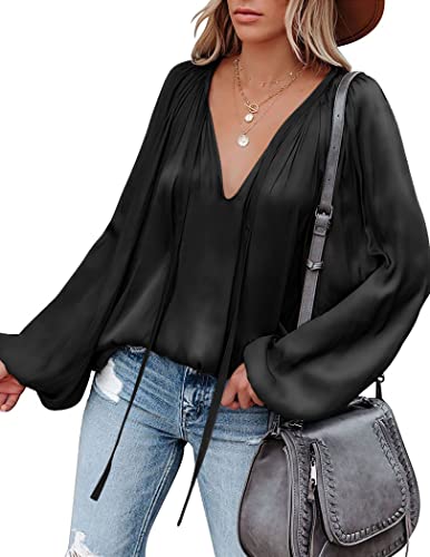 Chigant Women's Sexy Satin Shirts Silk V Neck Long Sleeve Casual Blouses Business Casual Tops Plus Size Black X-Large