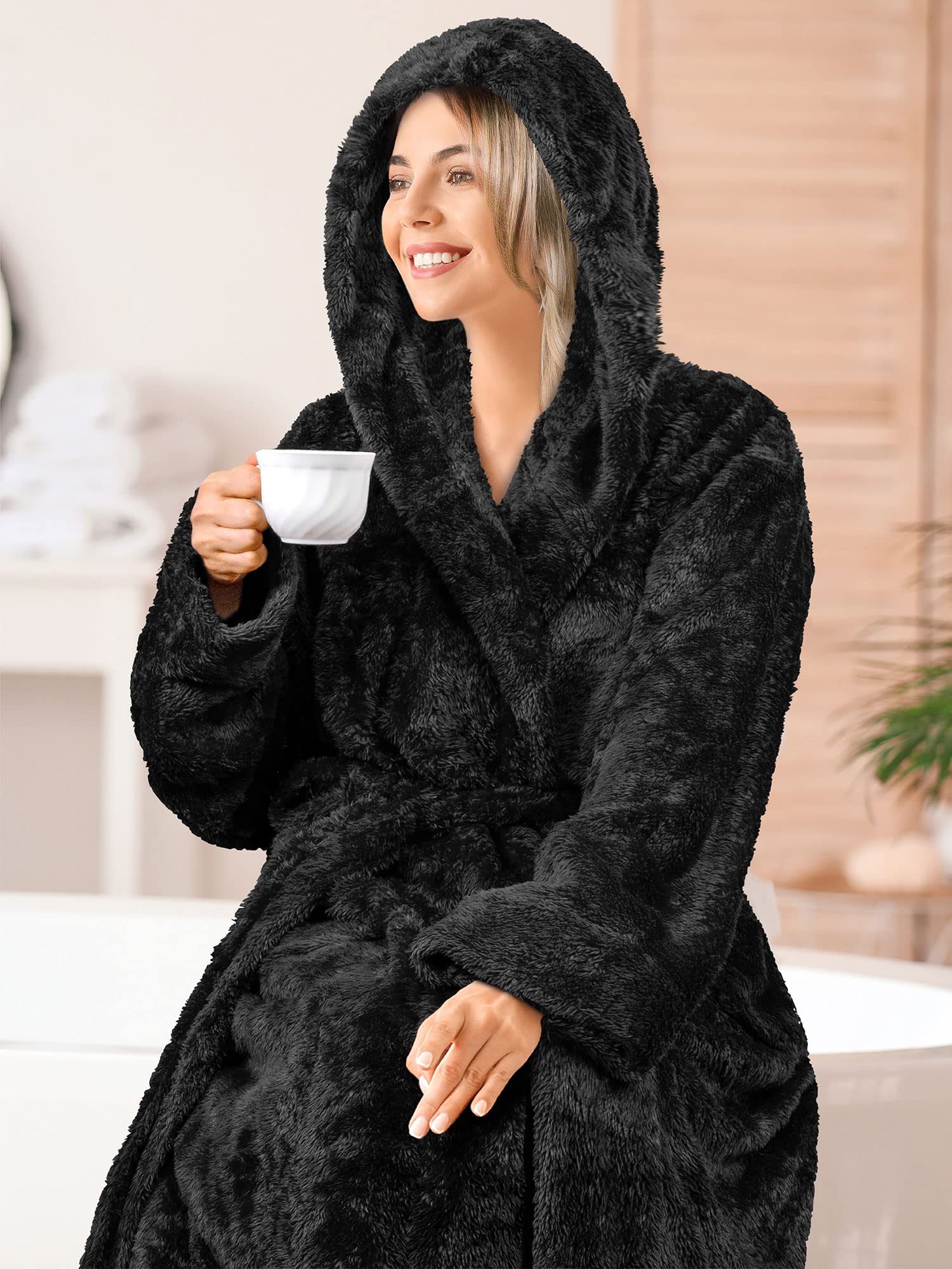 PAVILIA Women Hooded Plush Soft Robe | Fluffy Warm Fleece Sherpa Shaggy Bathrobe (L/XL, Black)