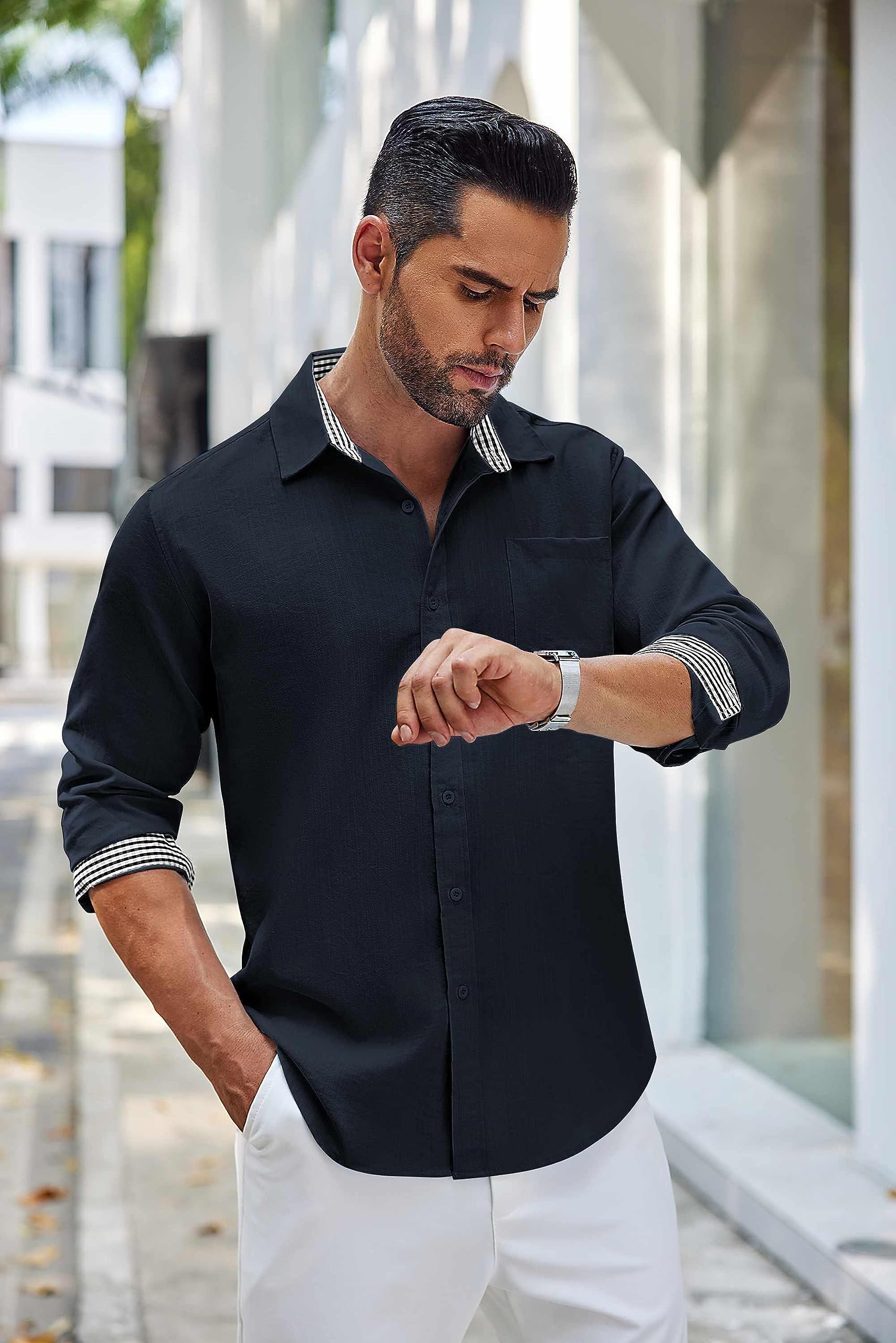 COOFANDY Mens Casual Shirts Long Sleeve Button Up Dress Shirts for Men Linen Beach Wedding Shirts, Navy Blue, XX-Large