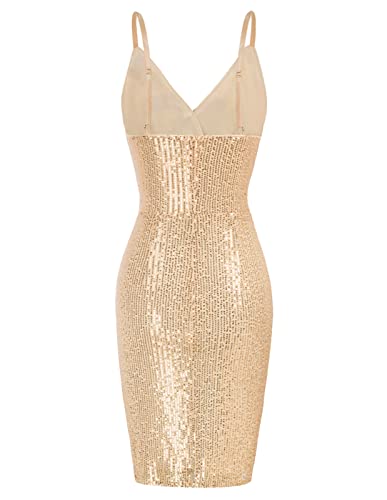 GRACE KARIN Women Sequin Glitter Wrap Dress V Neck Spaghetti Strap Bodycon Party Champagne L