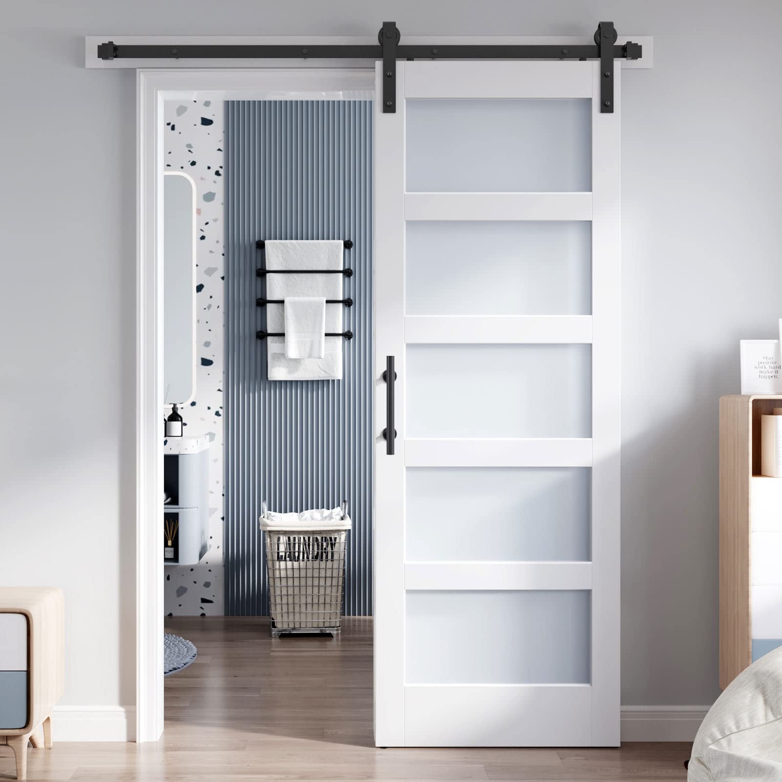 ROYMELO 30x84 Inch Glass Sliding Barn Door Slab and 5.5ft Hardware Kit Included, 5 Frosted Glass, LVL Wood Panel Covered with White Water-Proof Scratch-Proof PVC Surface, Simple DIY Assembly