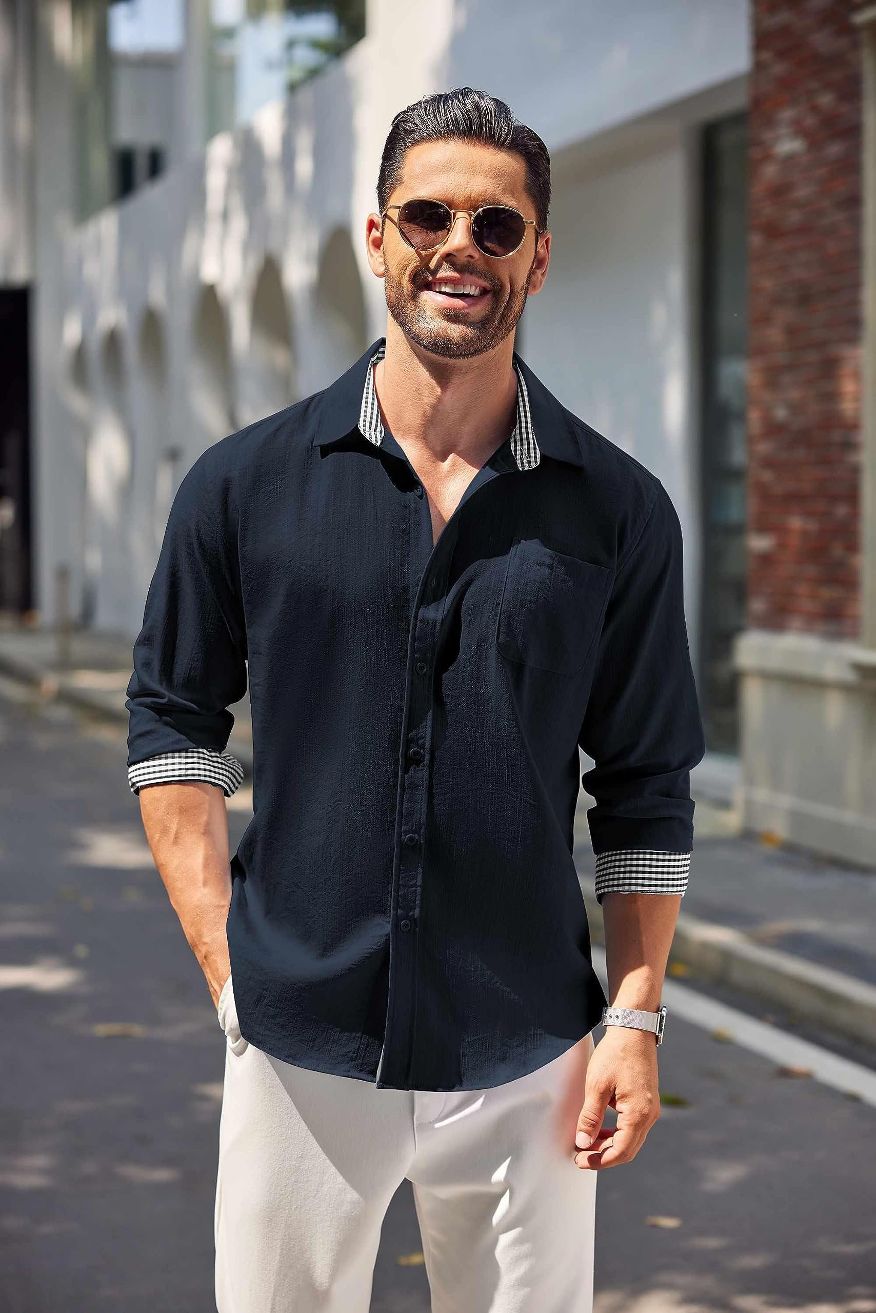 COOFANDY Mens Casual Shirts Long Sleeve Button Up Dress Shirts for Men Linen Beach Wedding Shirts, Navy Blue, XX-Large
