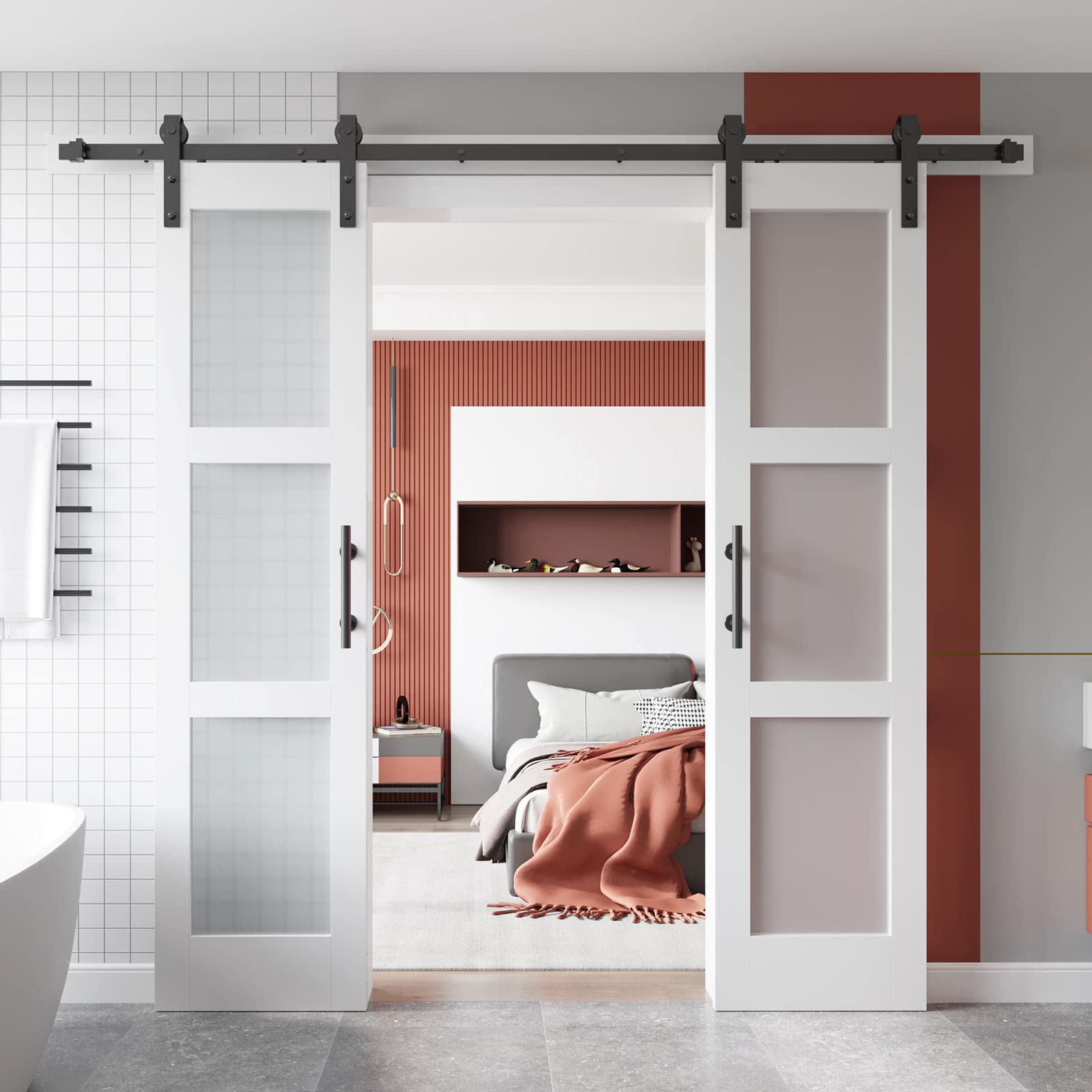 EaseLife 42in x 84in (Double 21inĂ84in Door) Glass Barn Door with 7FT Sliding Double Door Hardware Kit Included & Handle,Solid MDF Inside Covered with Water-Proof PVC Surface,3-Panel Glass,White