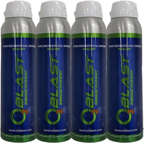 O2 Blast - Pure Oxygen Supplement - Supports Fast Recovery, Increase Stamina, & Enhanced Focus for High Altitude & Action Sports, Flip-Top Cap - 4 Liter Portable Canned Oxygen - 4 Pack