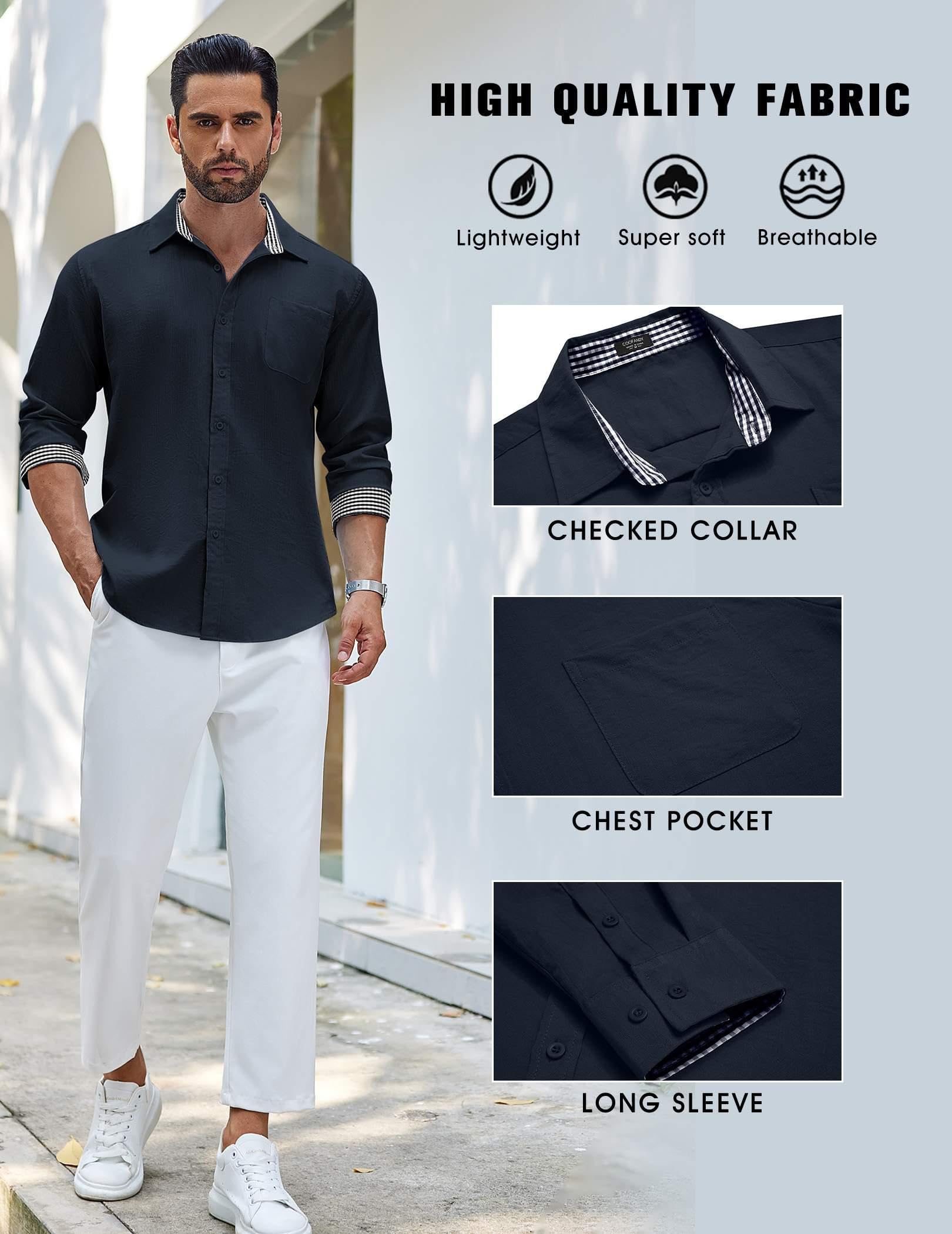 COOFANDY Mens Casual Shirts Long Sleeve Button Up Dress Shirts for Men Linen Beach Wedding Shirts, Navy Blue, XX-Large