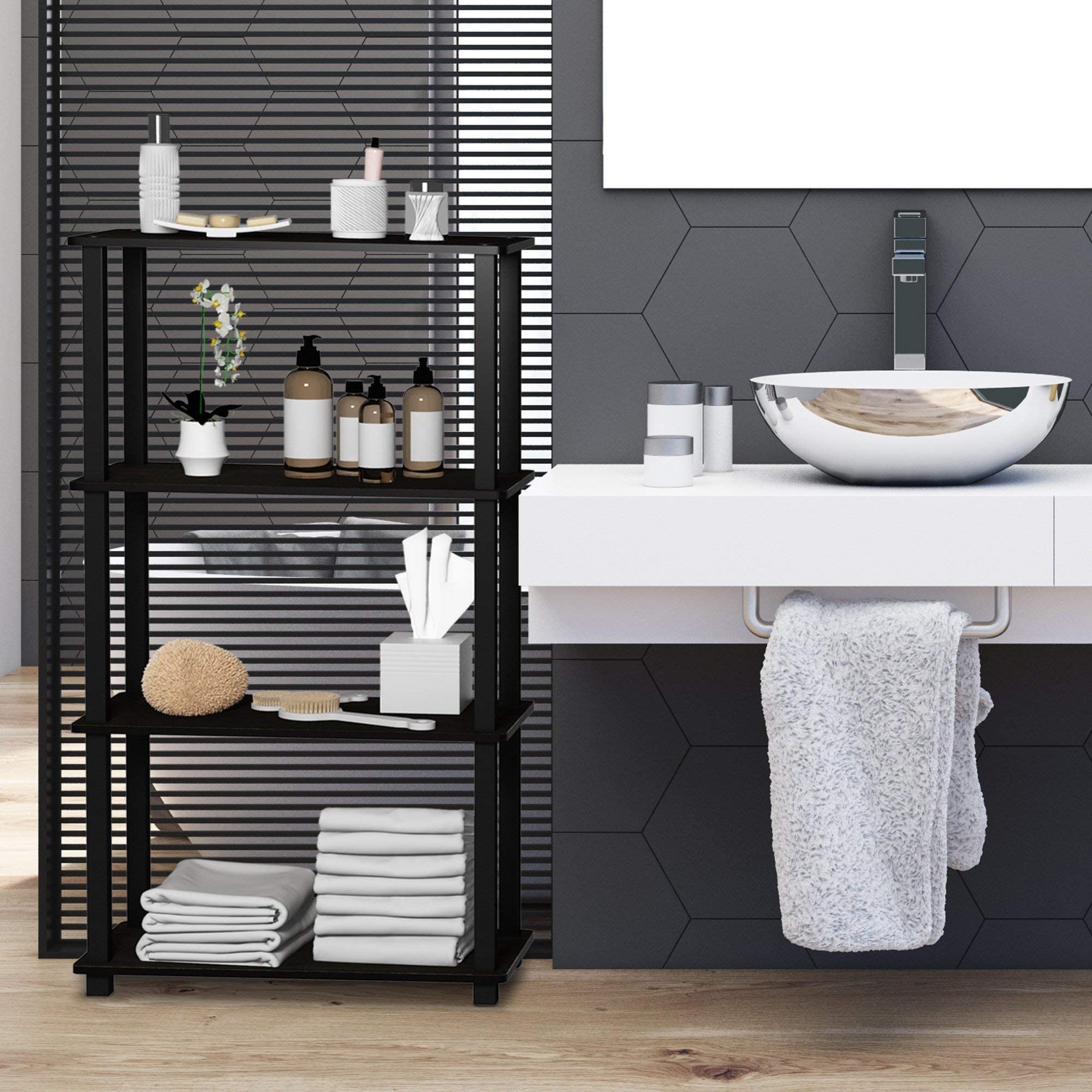 Furinno Turn-N-Tube 3-Tier Double Size Storage Display Rack, Espresso/Black & Turn-N-Tube 4-Tier Multipurpose Shelf Display Rack, Square Tube, Espresso/Black, Plastic Pole 2 x 2