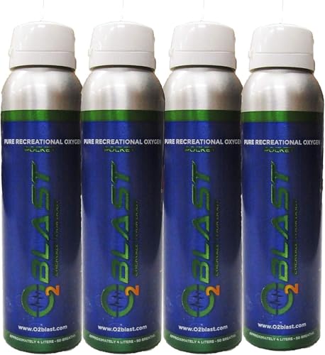 O2 Blast - Pure Oxygen Supplement - Supports Fast Recovery, Increase Stamina, & Enhanced Focus for High Altitude & Action Sports, Flip-Top Cap - 4 Liter Portable Canned Oxygen - 4 Pack