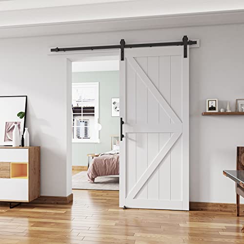 ALAMEDADT 36'' x84'' Sliding Barn Door Kit with 6.6 Ft Barn Door Hardware Kit, MDF, Solid Core, Combined with Handle and Floor Guide-Assembly Required-Include Installation Manual, K Shape, White