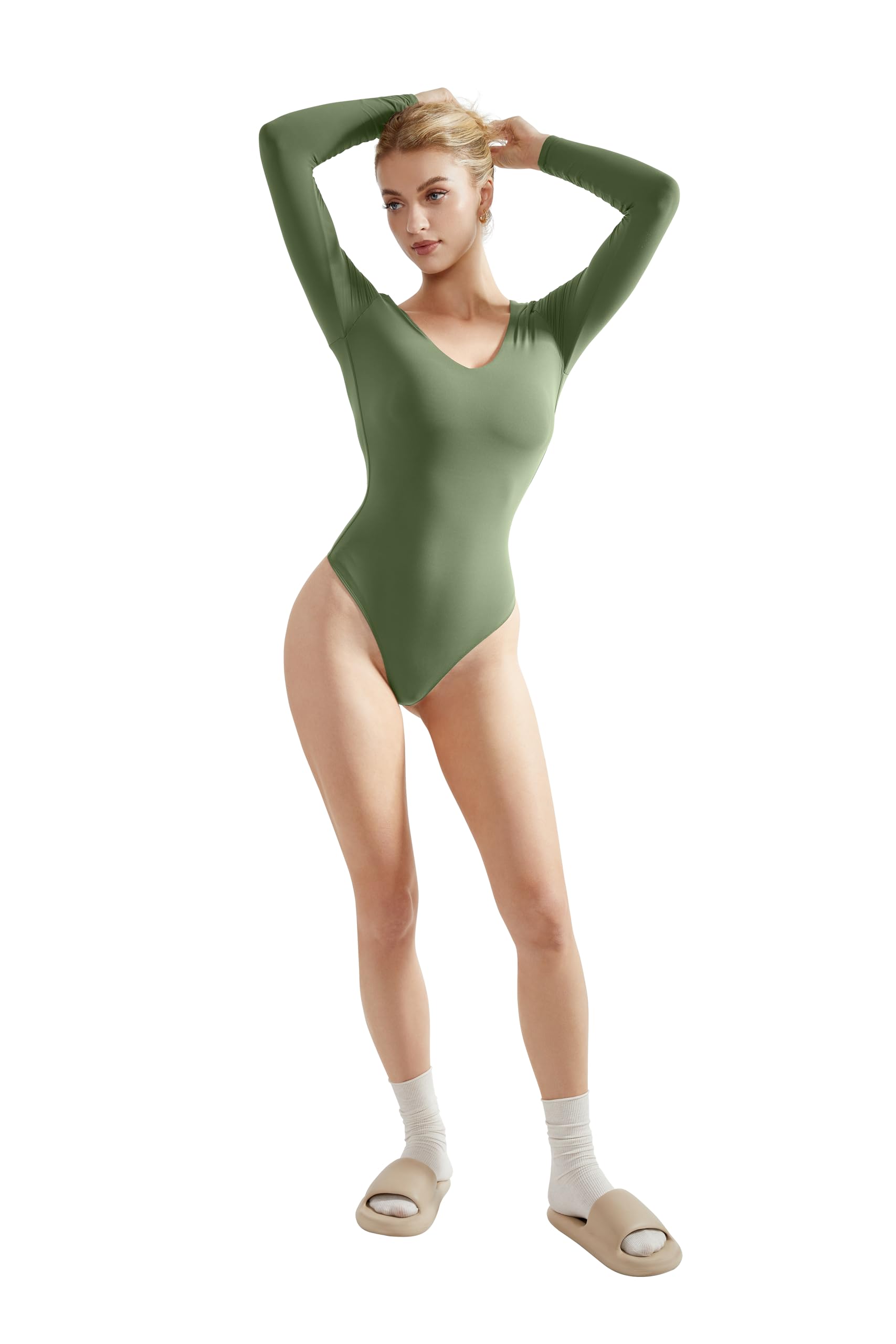 SUUKSESS Women V Neck Double Lined Bodysuit Sexy Long Sleeve Thong Body Suit Shirts Top (Army Green, S)