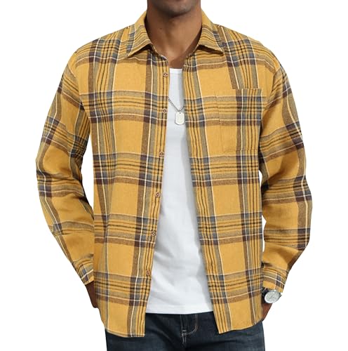 Mens Plaid Flannel Shirts Casual Long Sleeve Button Down Shirts Vintage Tops with Pocket Yellow M