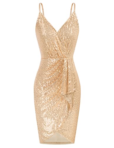 GRACE KARIN Women Sequin Glitter Wrap Dress V Neck Spaghetti Strap Bodycon Party Champagne L