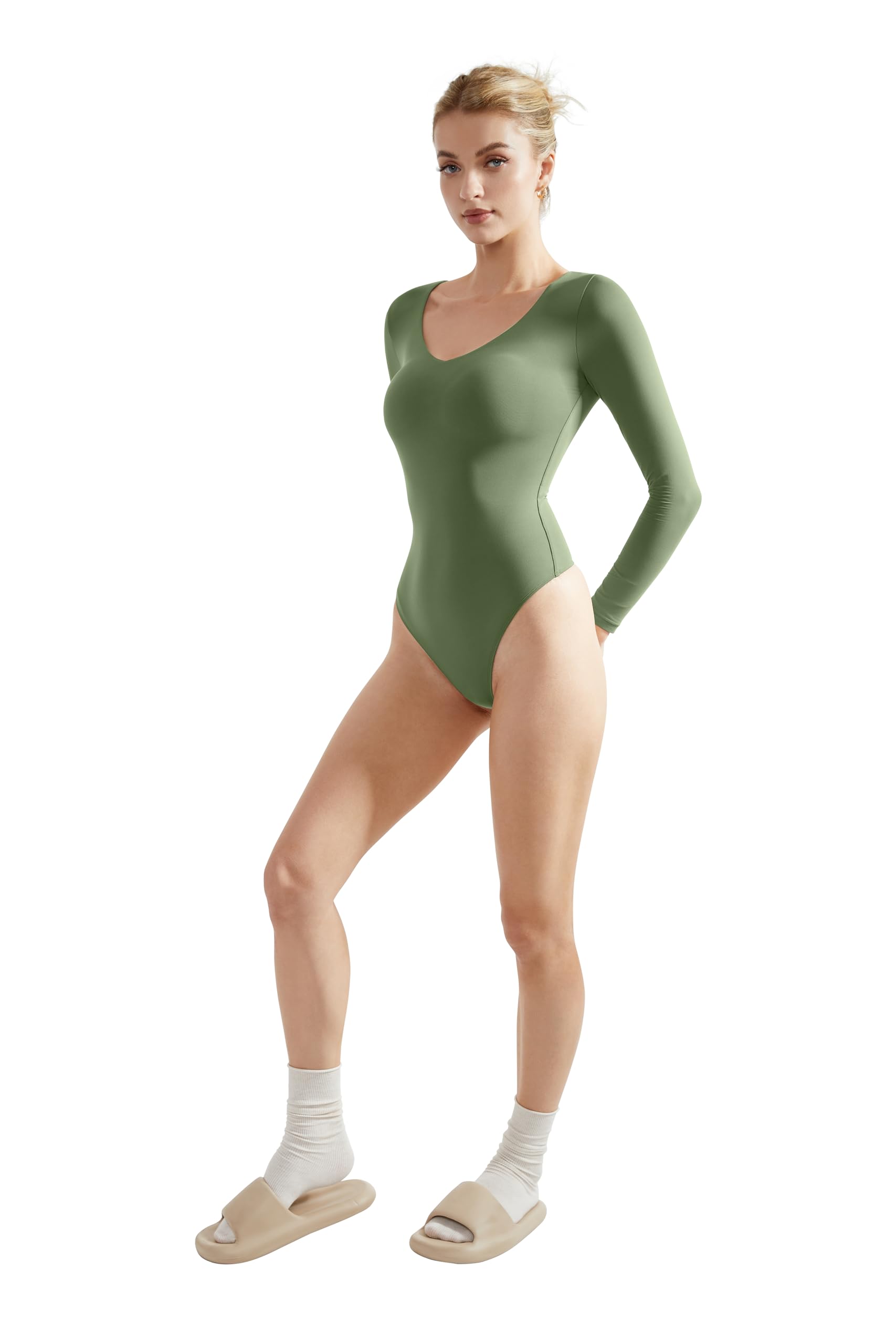 SUUKSESS Women V Neck Double Lined Bodysuit Sexy Long Sleeve Thong Body Suit Shirts Top (Army Green, S)