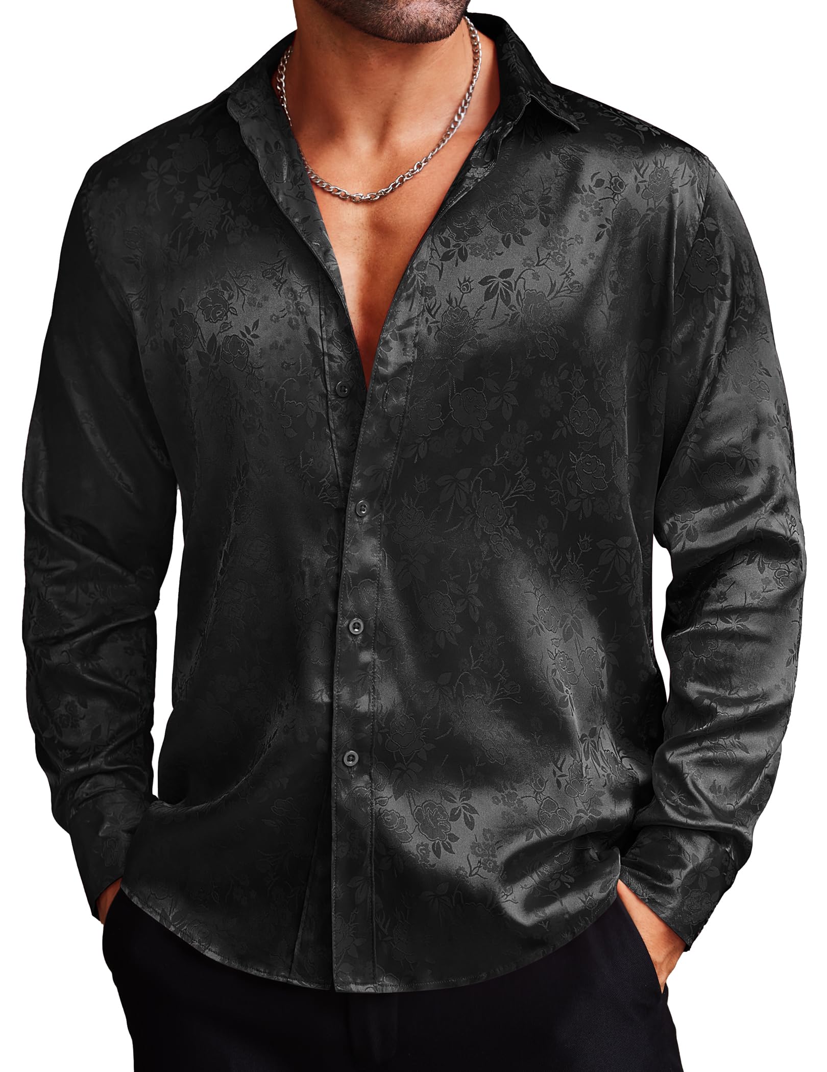 COOFANDY Mens Dress Shirt Casual Button Down Floral Rose Printed Prom Wedding Party, Black, Large, Long Sleeve