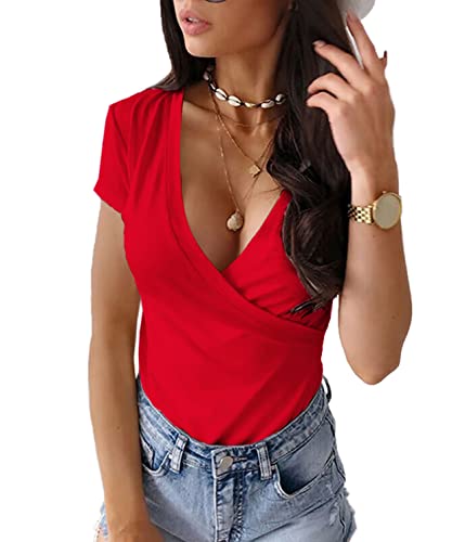 Eurivicy Womens Sexy Tops Summer Deep V Neck Wrap Shirts Short Sleeve Low Cut Pleated Criss Cross Tunic Tops Burgundy