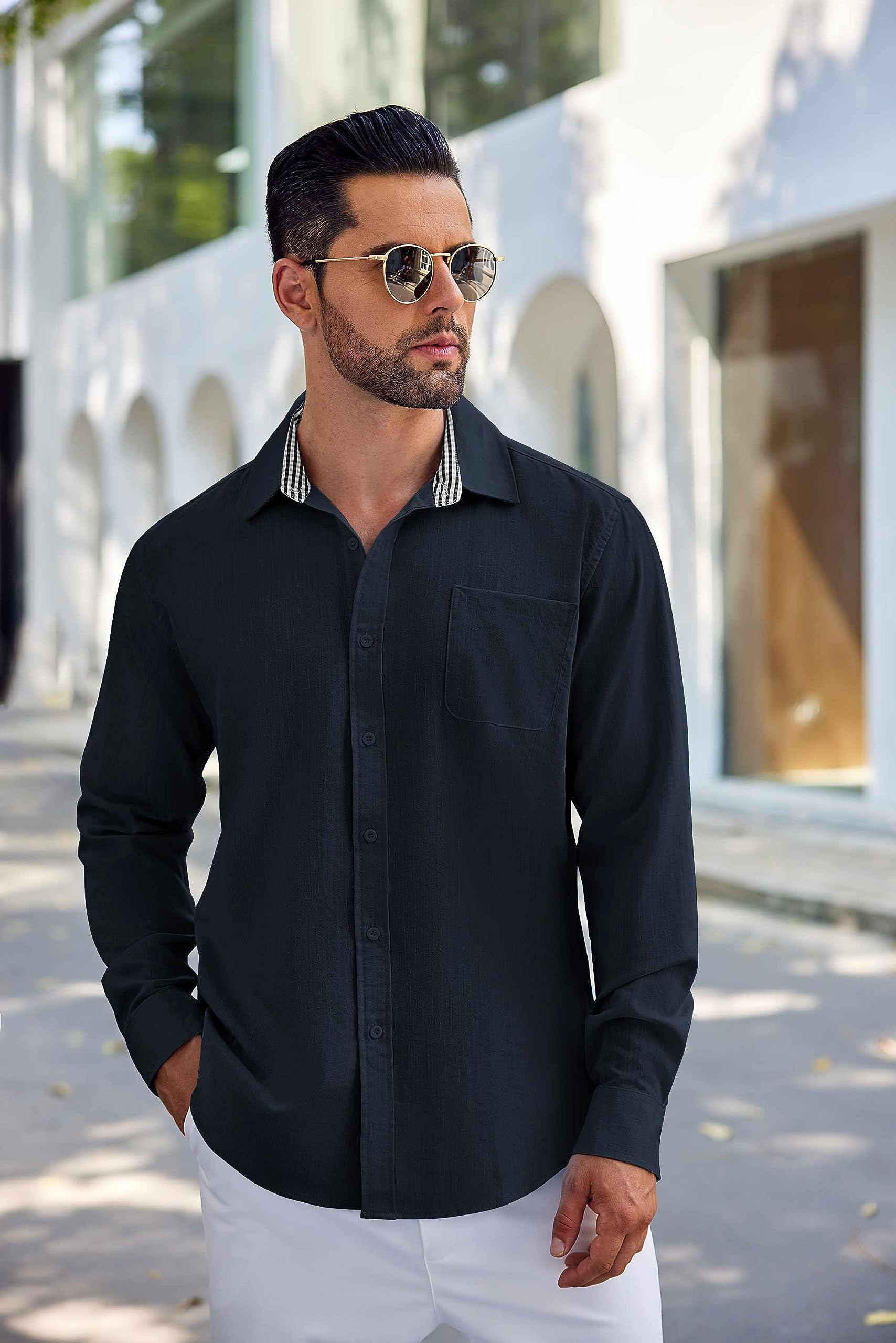 COOFANDY Mens Casual Shirts Long Sleeve Button Up Dress Shirts for Men Linen Beach Wedding Shirts, Navy Blue, XX-Large