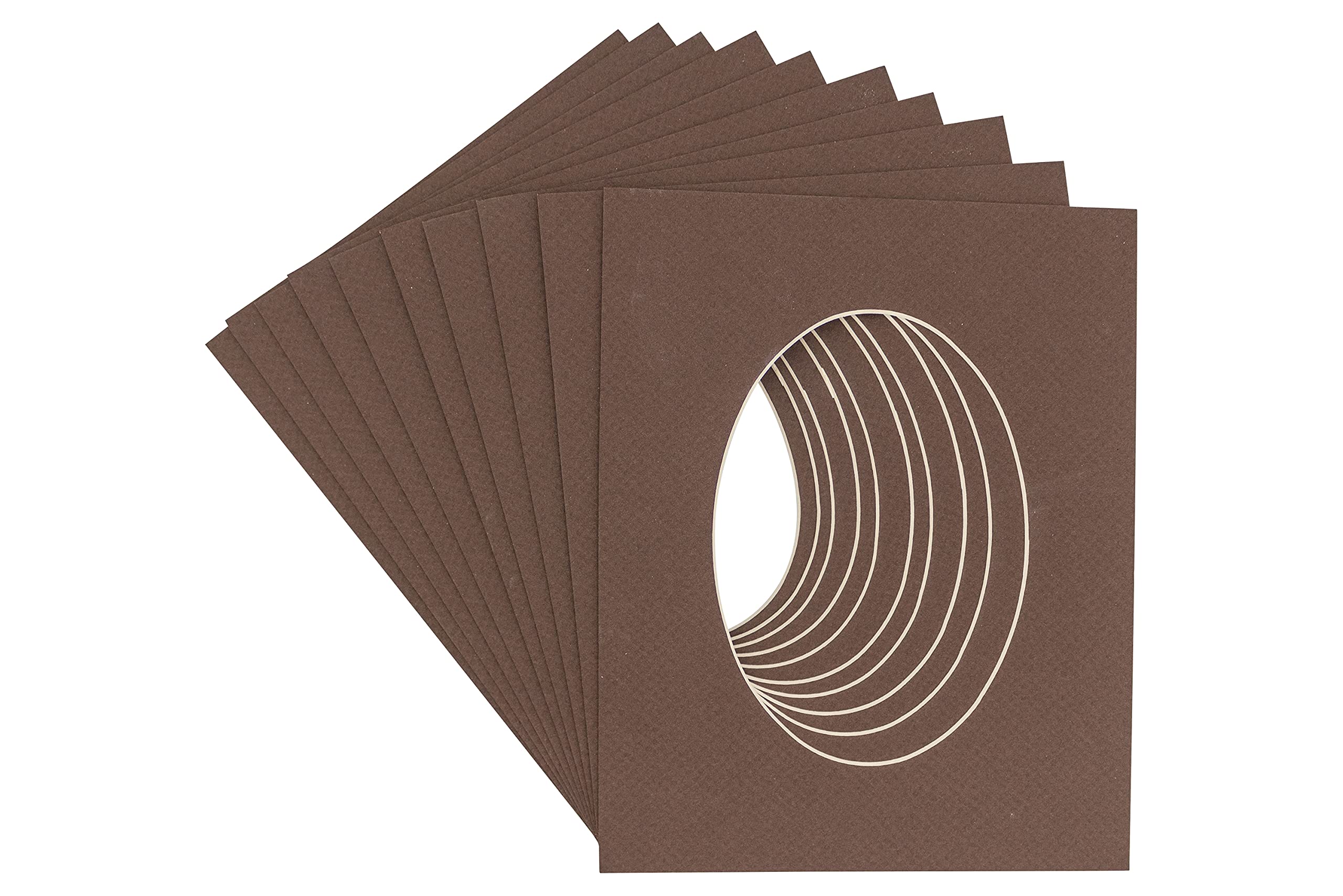 Chocolate Brown Acid Free 8.5x11 Oval Picture Frame Mat with White Core Bevel Cut for 5x7 Pictures - Fits 8.5x11 Frame - Pack of 10 Matboard Show Kits With Acid Free Backings & Clear Bags