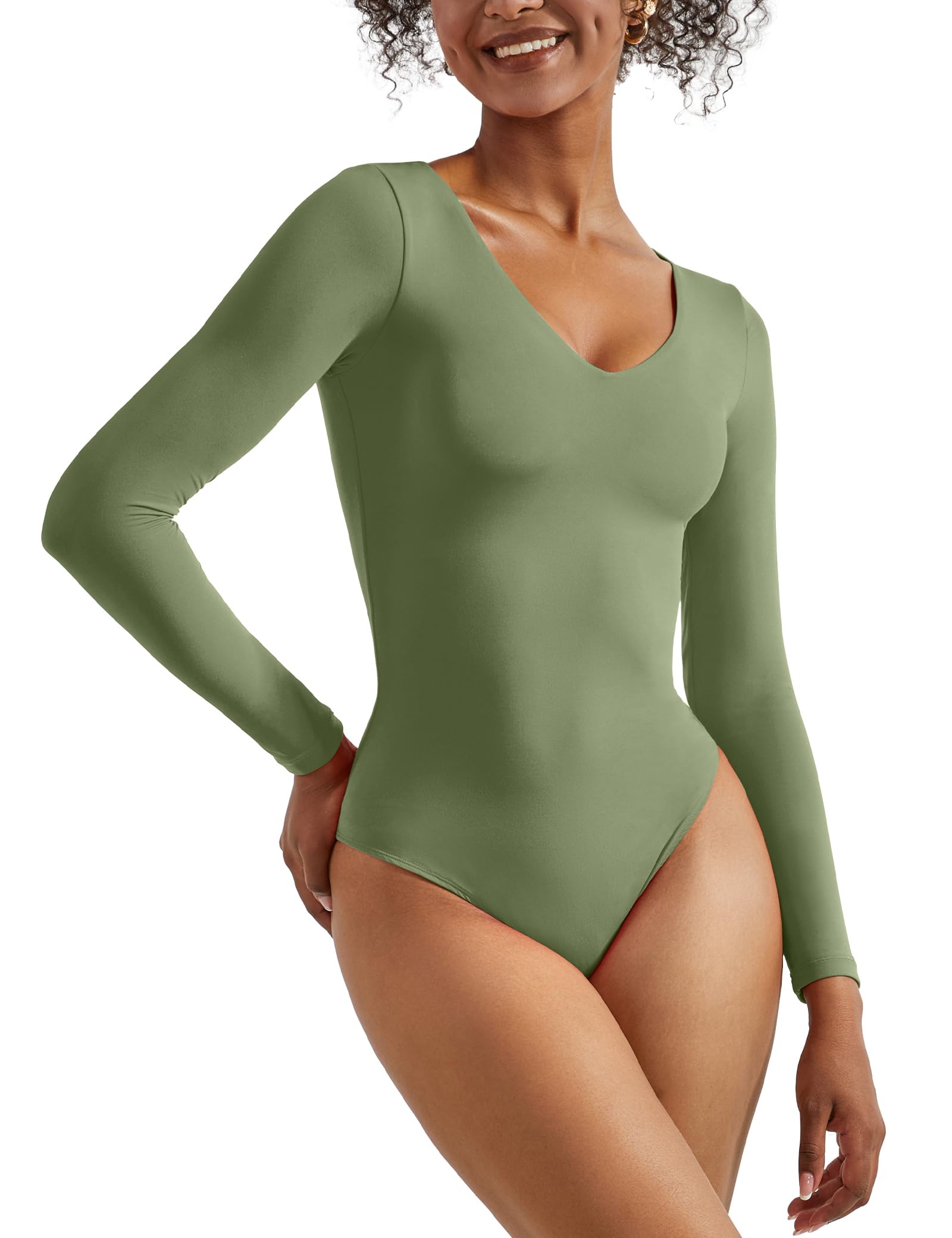 SUUKSESS Women V Neck Double Lined Bodysuit Sexy Long Sleeve Thong Body Suit Shirts Top (Army Green, S)