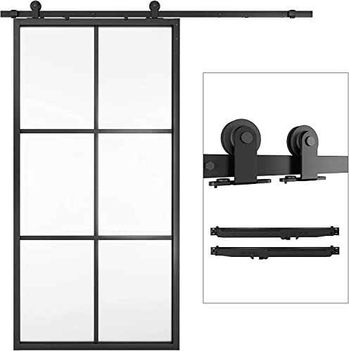 BARNSMITH 42in x 84in Frosted Glass Barn Door with 7FT Top Mounted Hardware kit Soft Close Mechanism DIY 6 Lites Tempered Glass Modern Aluminum Sliding Door Disassembled Easy Installation KDA03