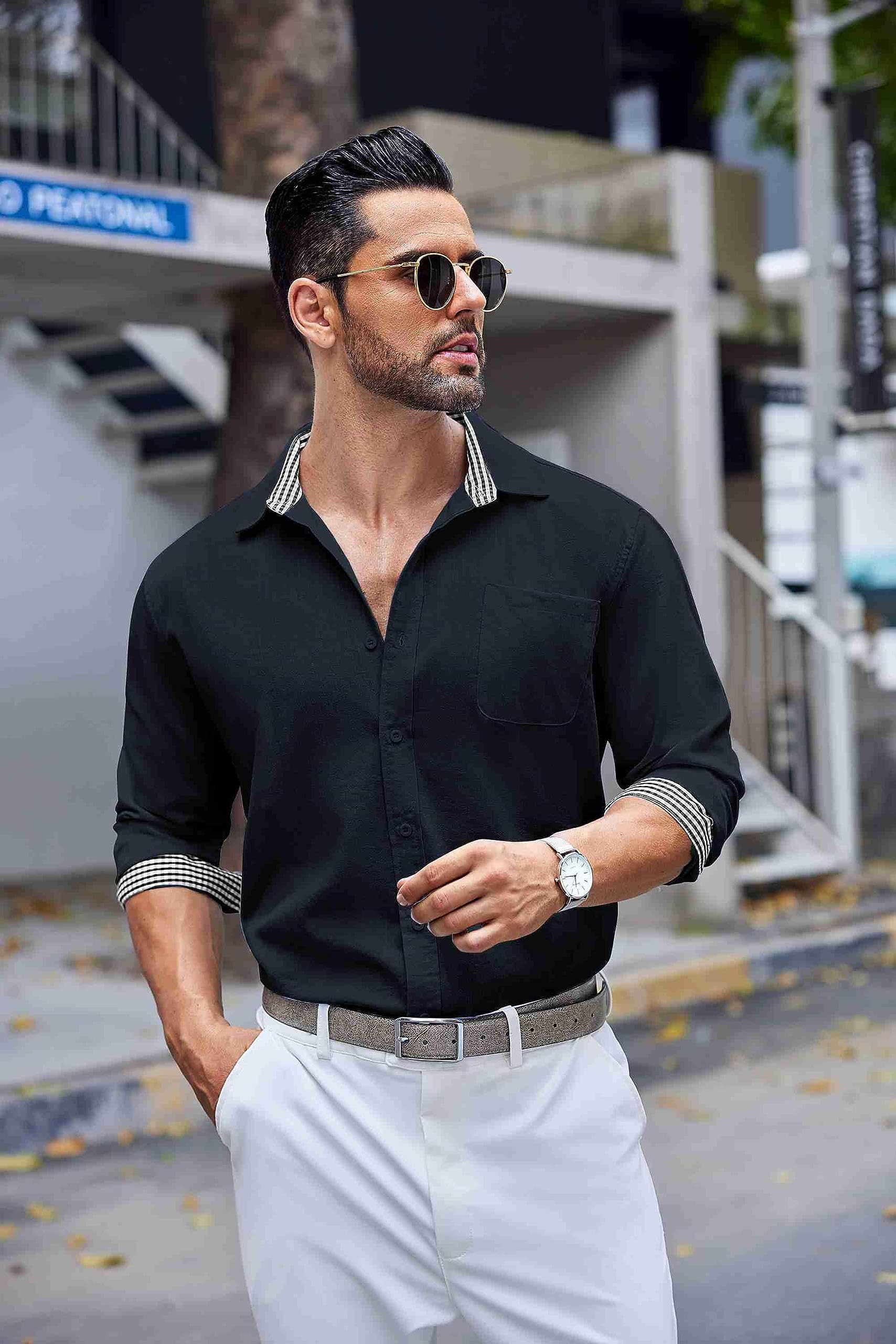 COOFANDY Mens Casual Shirts Long Sleeve Button Up Dress Shirts for Men Linen Beach Wedding Shirts, Navy Blue, XX-Large