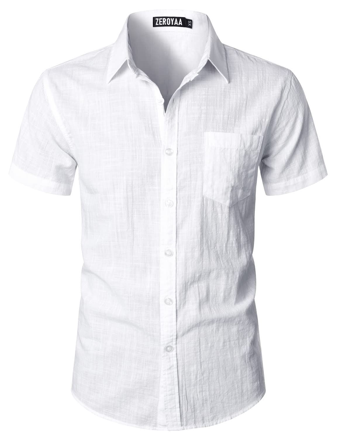 ZEROYAA Men's Fitted Cotton Linen Casual Short Sleeve Button Up Shirts Lightweight Beach Tops with Pocket ZLSC34-White Medium