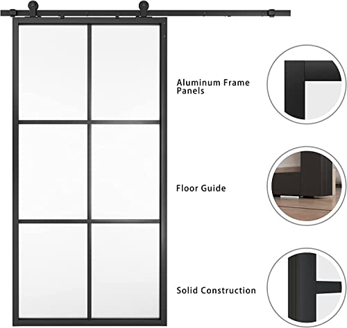 BARNSMITH 42in x 84in Frosted Glass Barn Door with 7FT Top Mounted Hardware kit Soft Close Mechanism DIY 6 Lites Tempered Glass Modern Aluminum Sliding Door Disassembled Easy Installation KDA03
