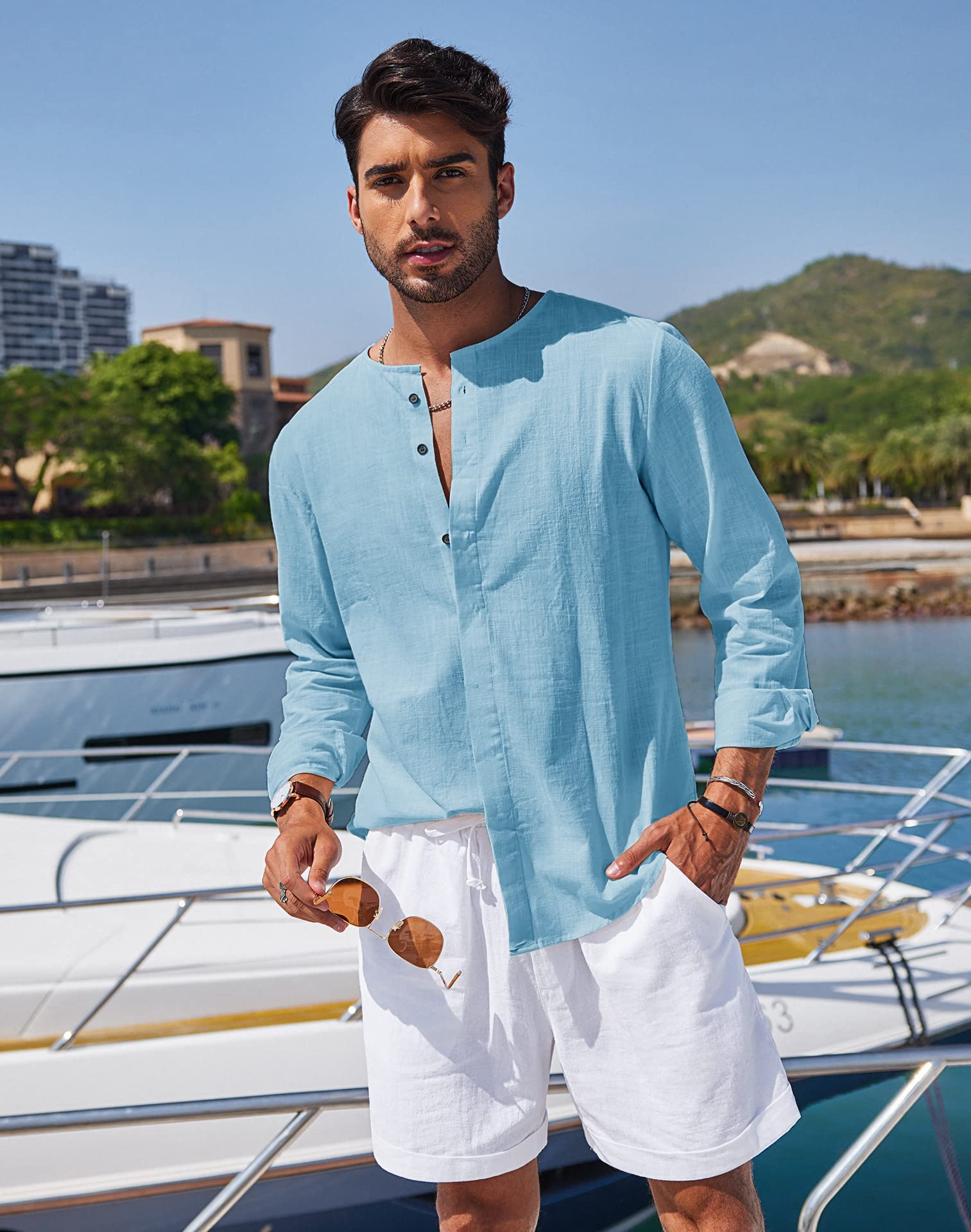 COOFANDY Men's Linen Button Down Shirt Long Sleeve Casual Beach Tops(Blue, Medium)