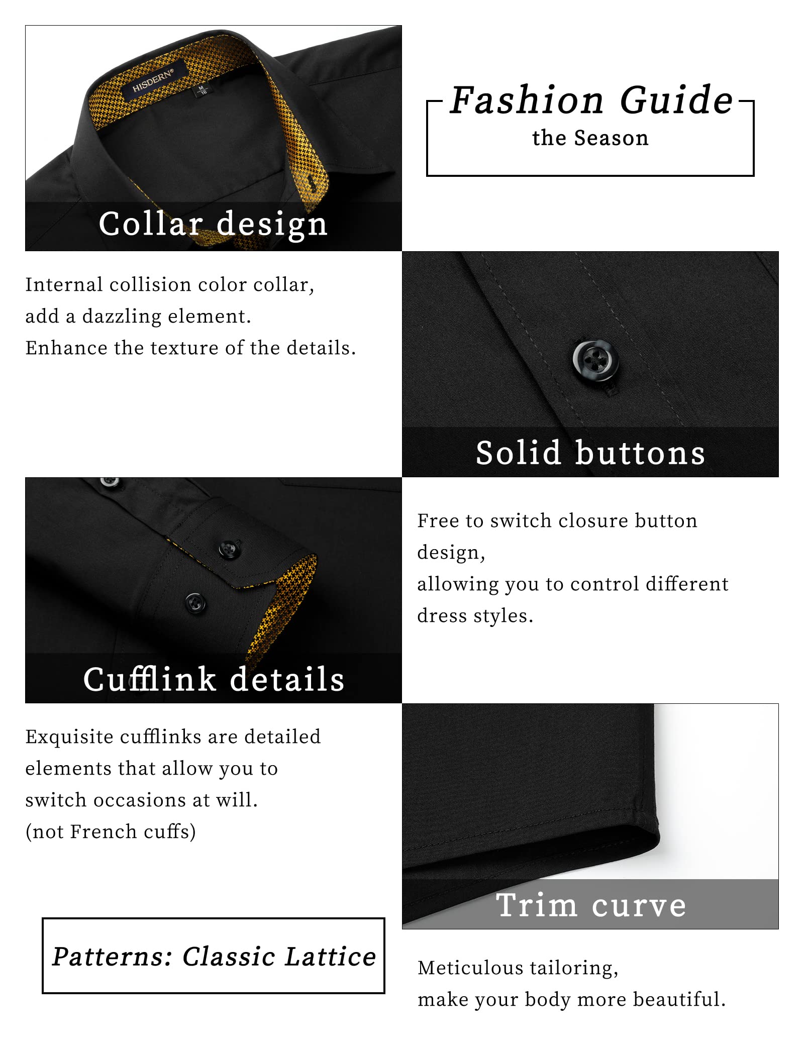 HISDERN Mens Black Dress Shirt Long Sleeve Button Down Collar Plaid Inner Contrast Formal Business Casual Shirts