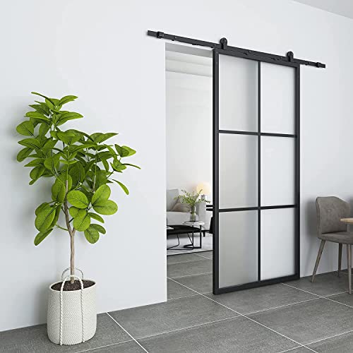 BARNSMITH 42in x 84in Frosted Glass Barn Door with 7FT Top Mounted Hardware kit Soft Close Mechanism DIY 6 Lites Tempered Glass Modern Aluminum Sliding Door Disassembled Easy Installation KDA03