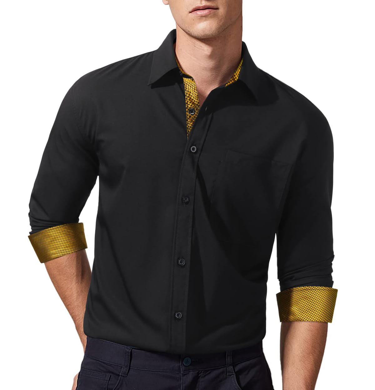 HISDERN Mens Black Dress Shirt Long Sleeve Button Down Collar Plaid Inner Contrast Formal Business Casual Shirts