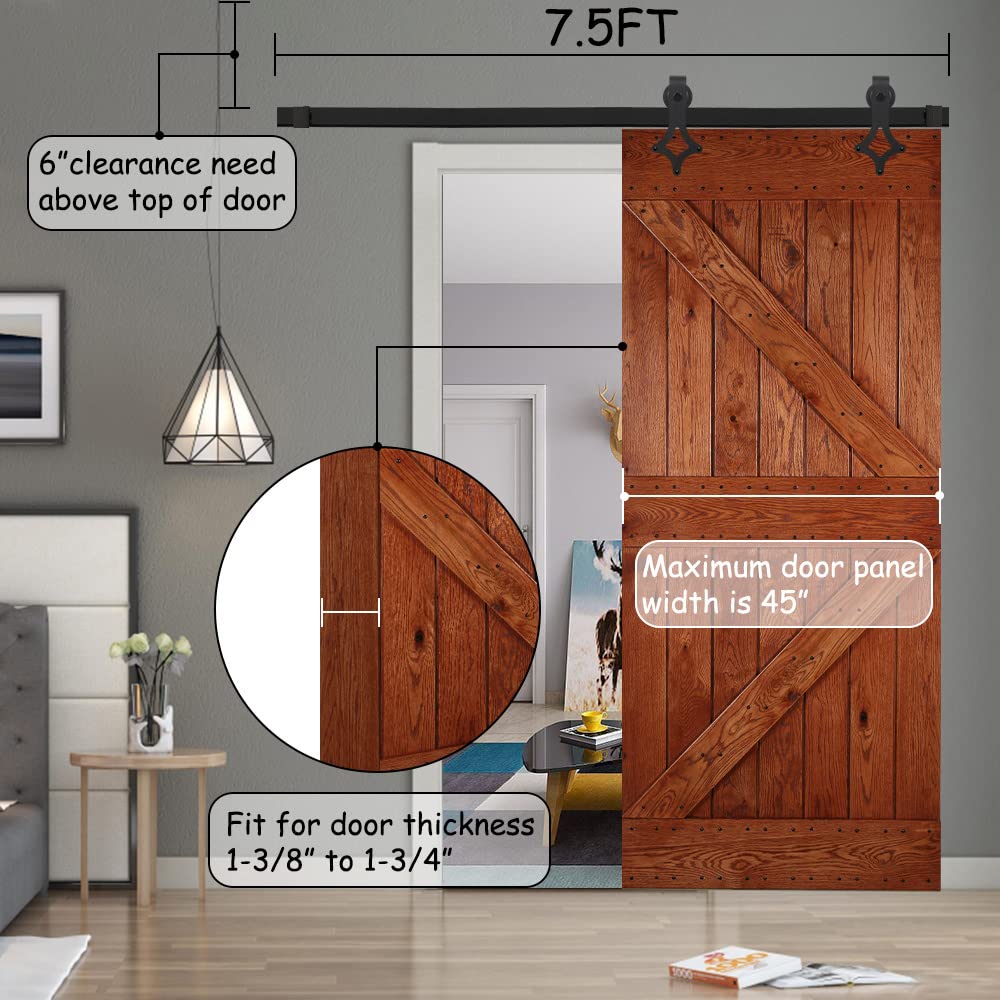 7.5FT Sliding Barn Door Hardware Kit Heavy Duty Sturdy Rustic Rhombus Shape Hanger Barn Door Track Set for Single 45" Wide Door Garage Closet