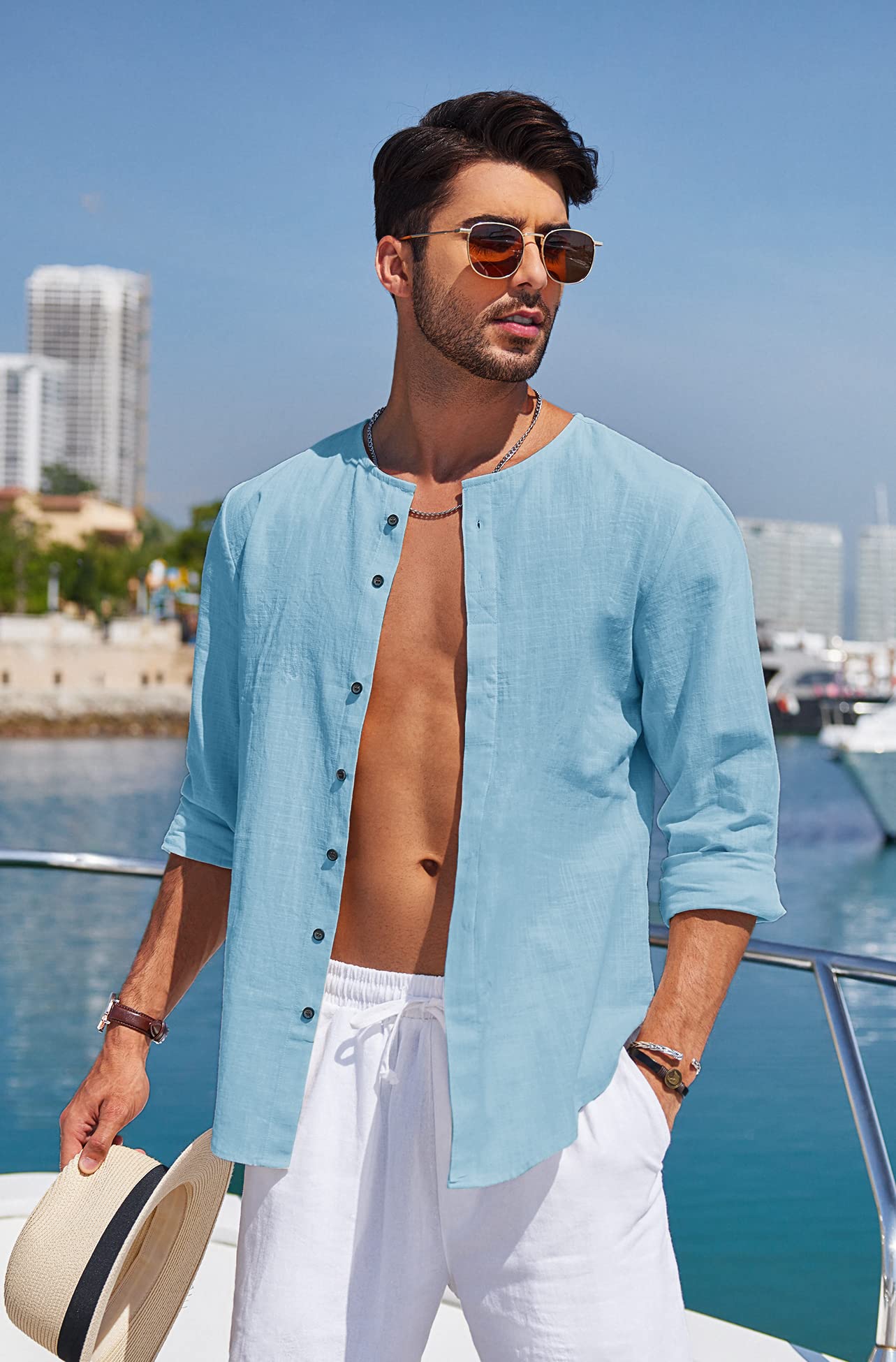 COOFANDY Men's Linen Button Down Shirt Long Sleeve Casual Beach Tops(Blue, Medium)
