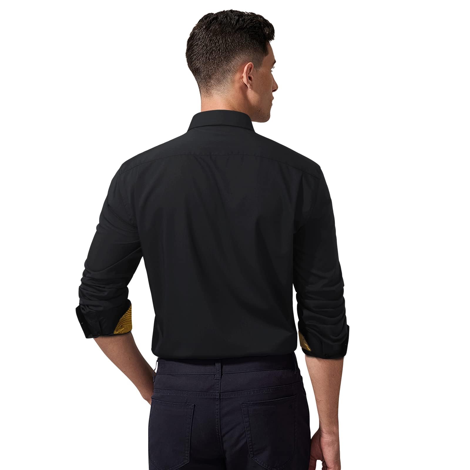 HISDERN Mens Black Dress Shirt Long Sleeve Button Down Collar Plaid Inner Contrast Formal Business Casual Shirts
