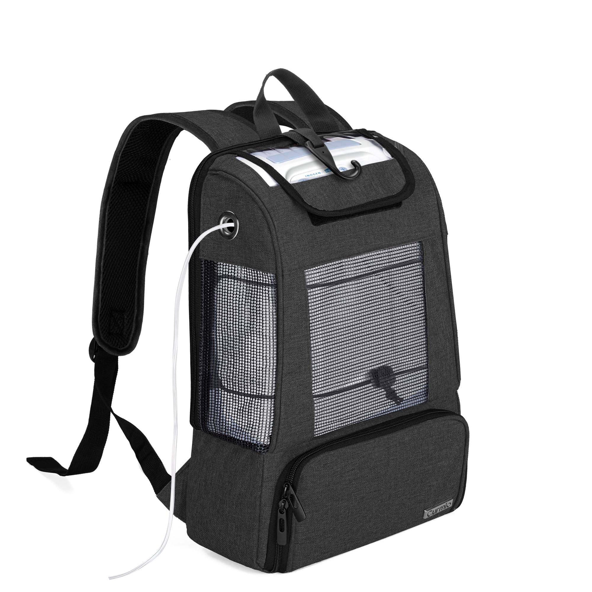 CURMIO Travel Carrying Bag for Portable Oxygen Concentrators, Universal POC Backpack with Mesh Panels for Breathability, Compatible for Inogen, Oxygo, Caire Units, for on-The-go, Black, Bag Only