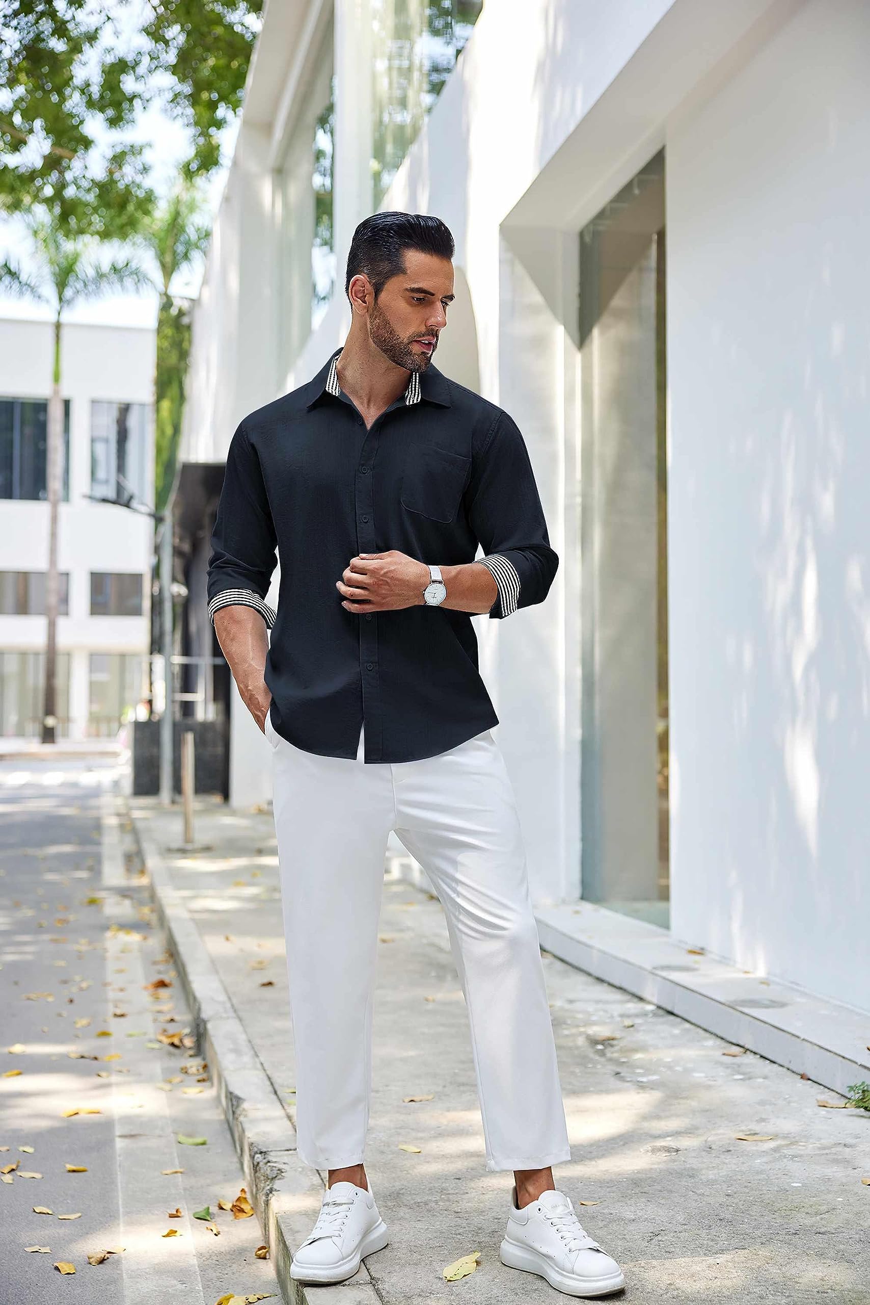 COOFANDY Mens Casual Shirts Long Sleeve Button Up Dress Shirts for Men Linen Beach Wedding Shirts, Navy Blue, XX-Large