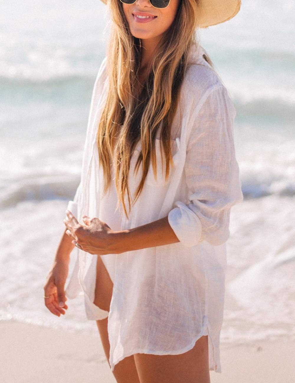 Bsubseach Long Sleeve Beach Shirt Blouses Women Turn Down Collar Bikini Bathing Suit Cover Ups Swimwear White