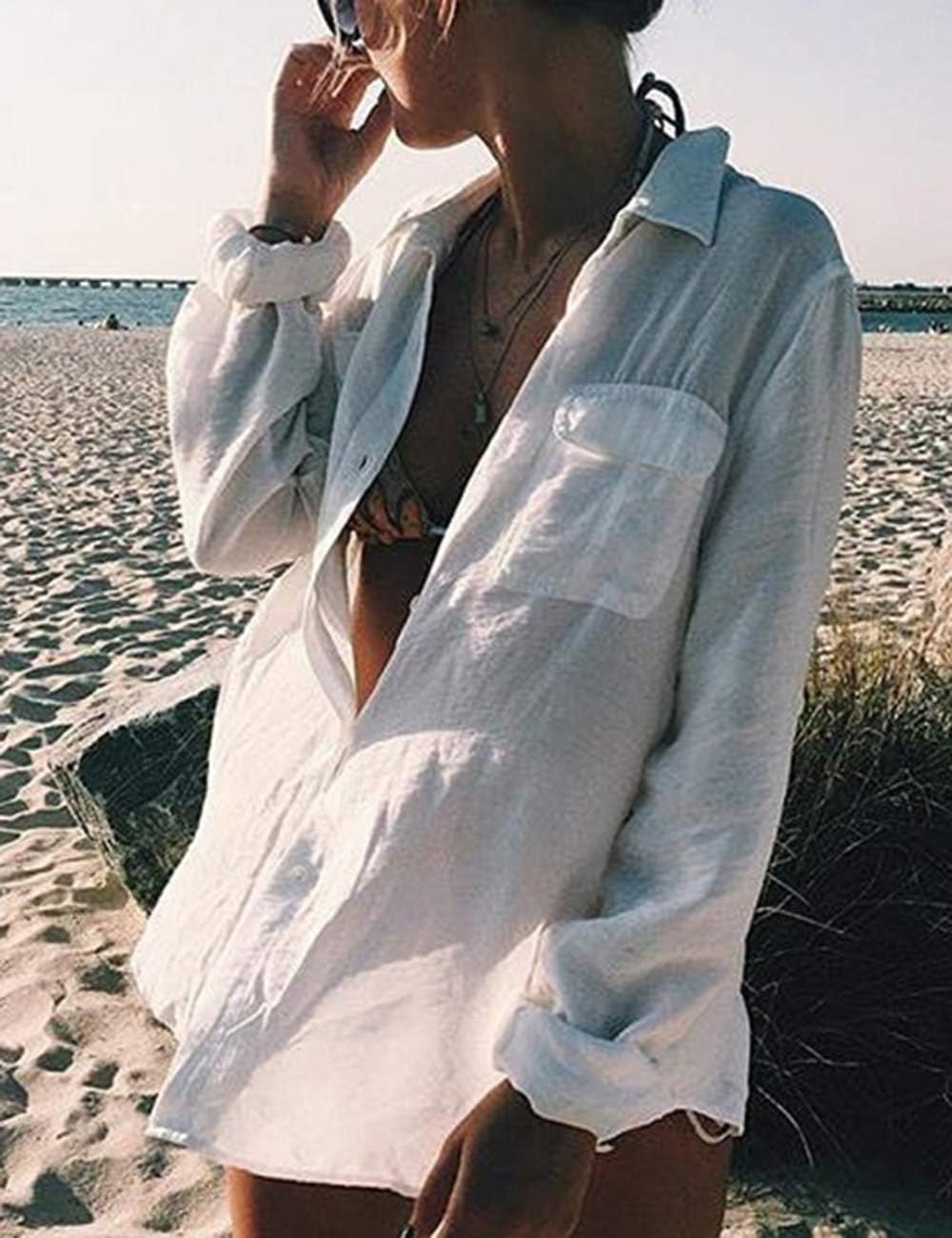 Bsubseach Long Sleeve Beach Shirt Blouses Women Turn Down Collar Bikini Bathing Suit Cover Ups Swimwear White