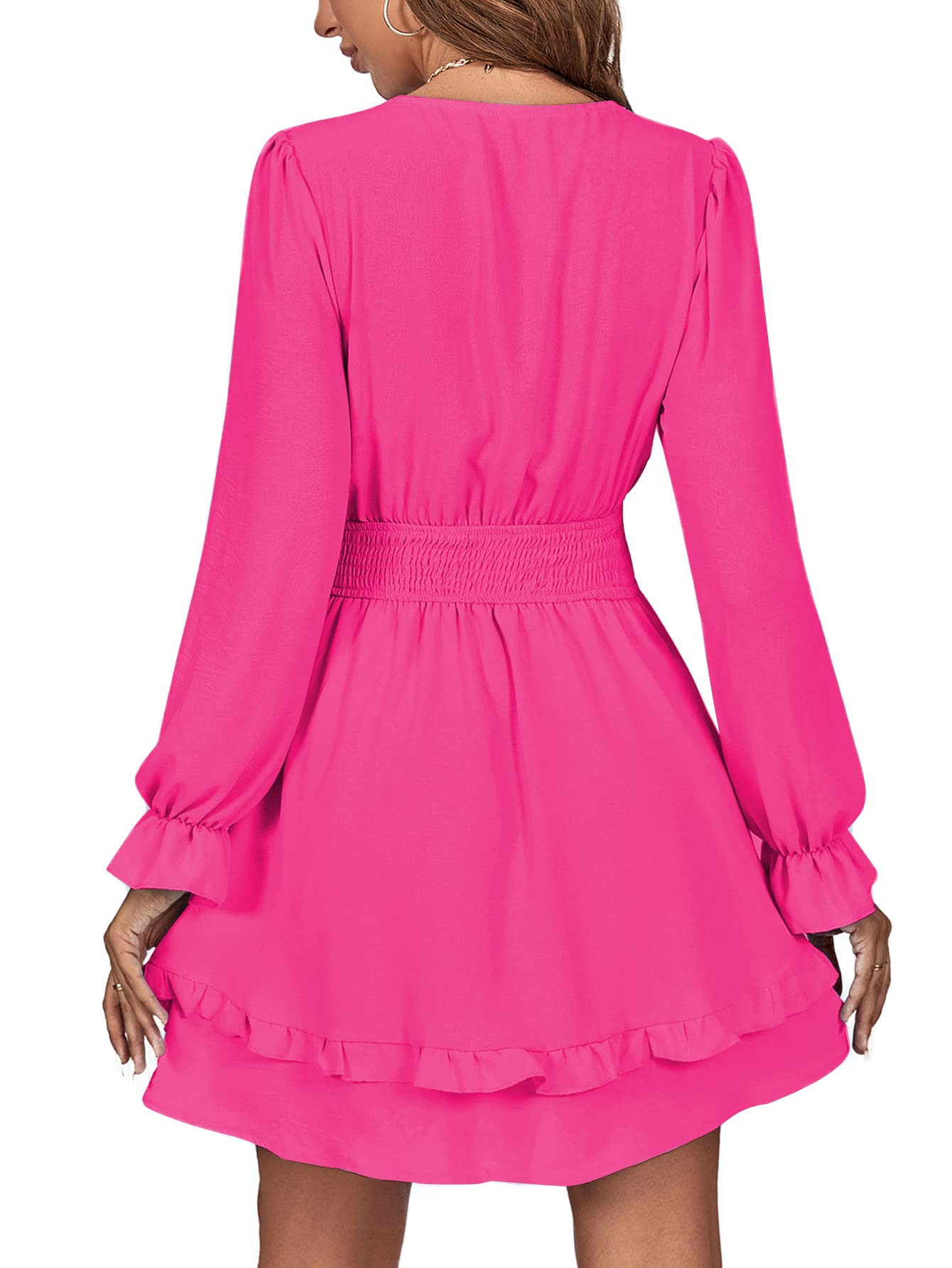 LYANER Women's Tie Front Plunge V Neck Ruffle Layer Long Sleeve Sexy Mini Dress Rose X-Large
