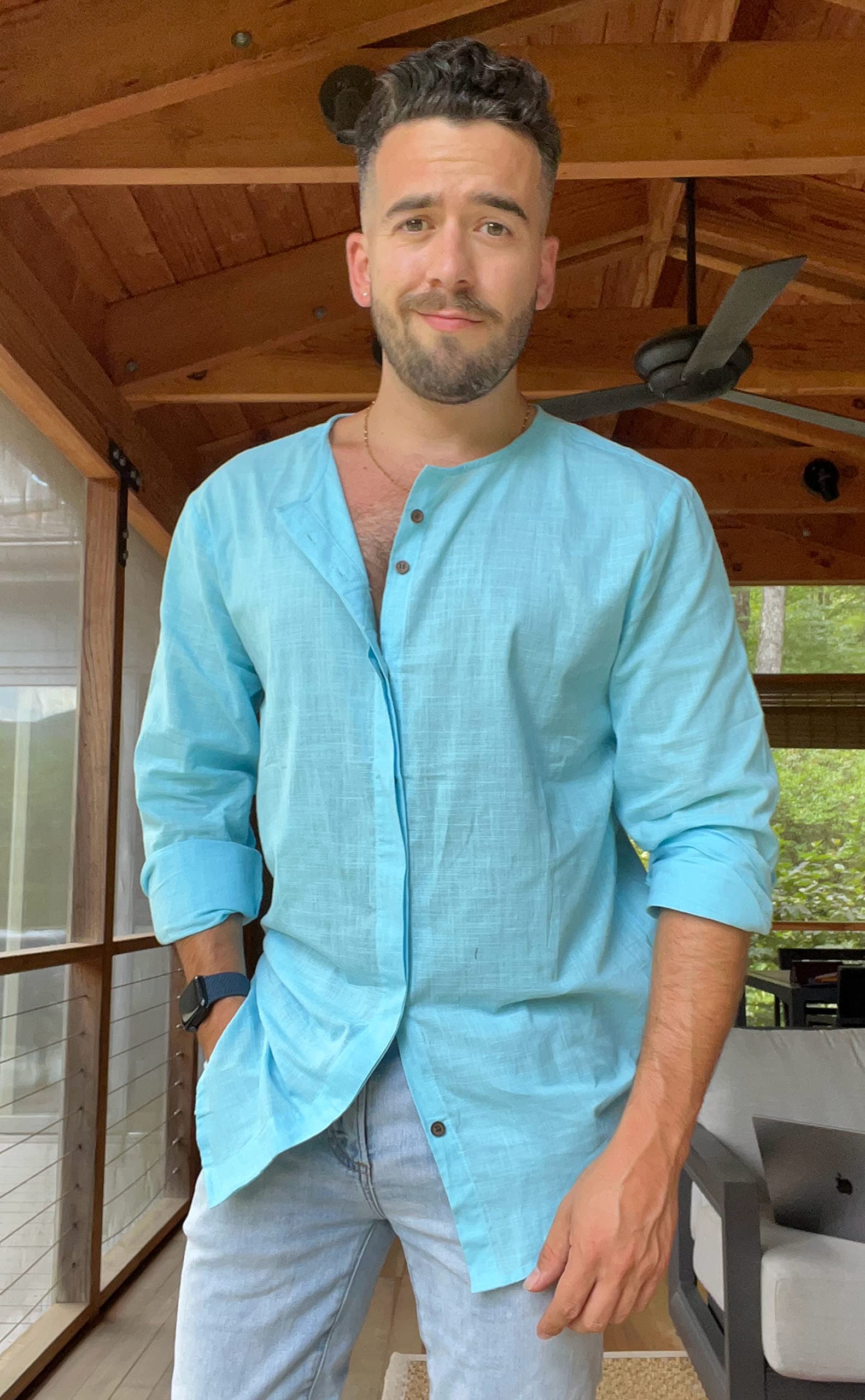 COOFANDY Men's Linen Button Down Shirt Long Sleeve Casual Beach Tops(Blue, Medium)