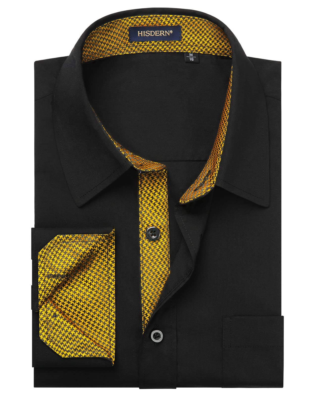 HISDERN Mens Black Dress Shirt Long Sleeve Button Down Collar Plaid Inner Contrast Formal Business Casual Shirts