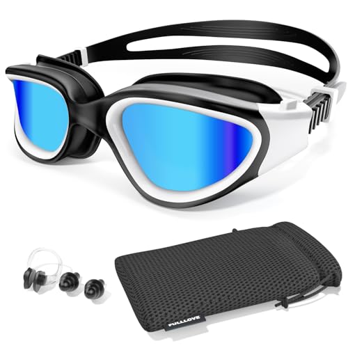 Fulllove Swimming Goggles, Tenfold Anti Fog Swim Goggles for Adult Men Women Youth, Anti UV No Leakage with Nose Clip Earplugs(C/Black&White/Blue Mirrored Lens)